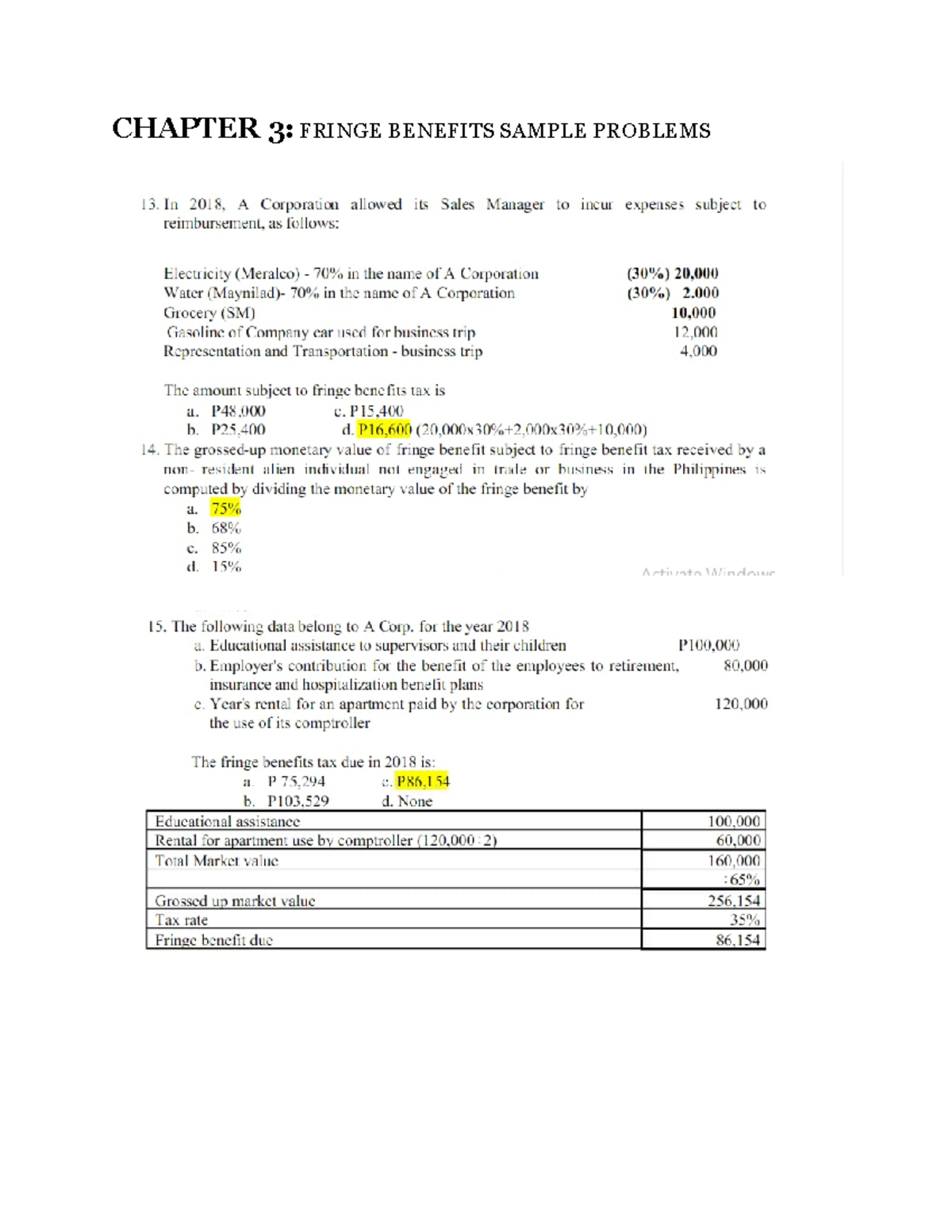 FBT PROB & SOL - NONE - CHAPTER 3: FRINGE BENEFITS SAMPLE PROBLEMS 13 ...