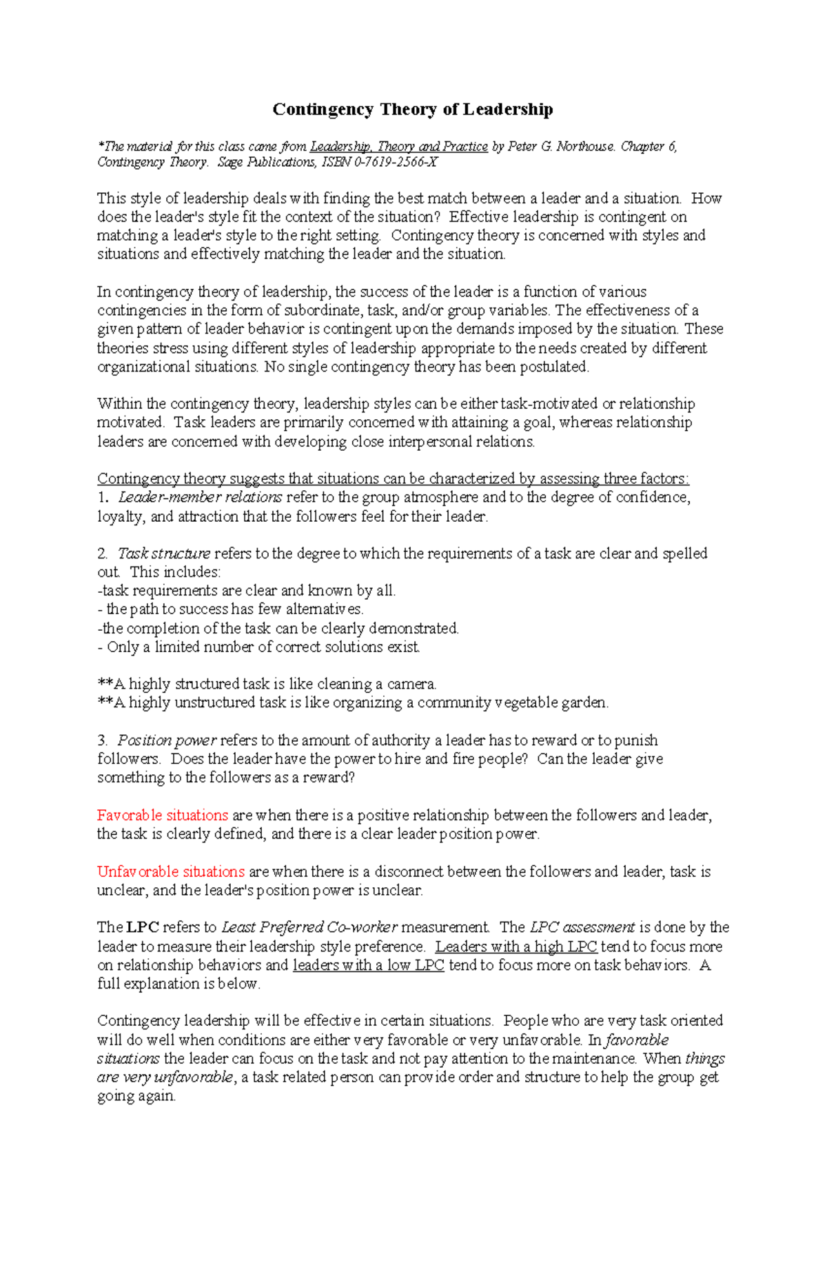 Contingency Approach Leadership Handouts Week 9 10 - Contingency Theory ...