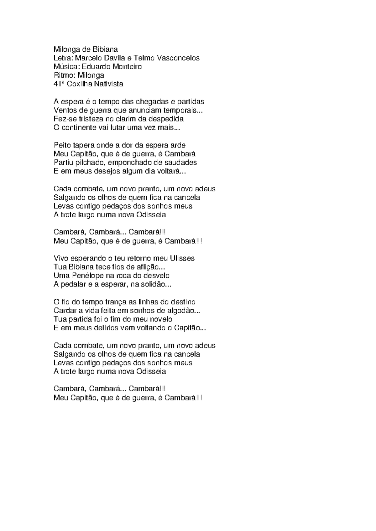 Letra - Milonga de Bibiana - Milonga de Bibiana Letra: Marcelo Davila e ...