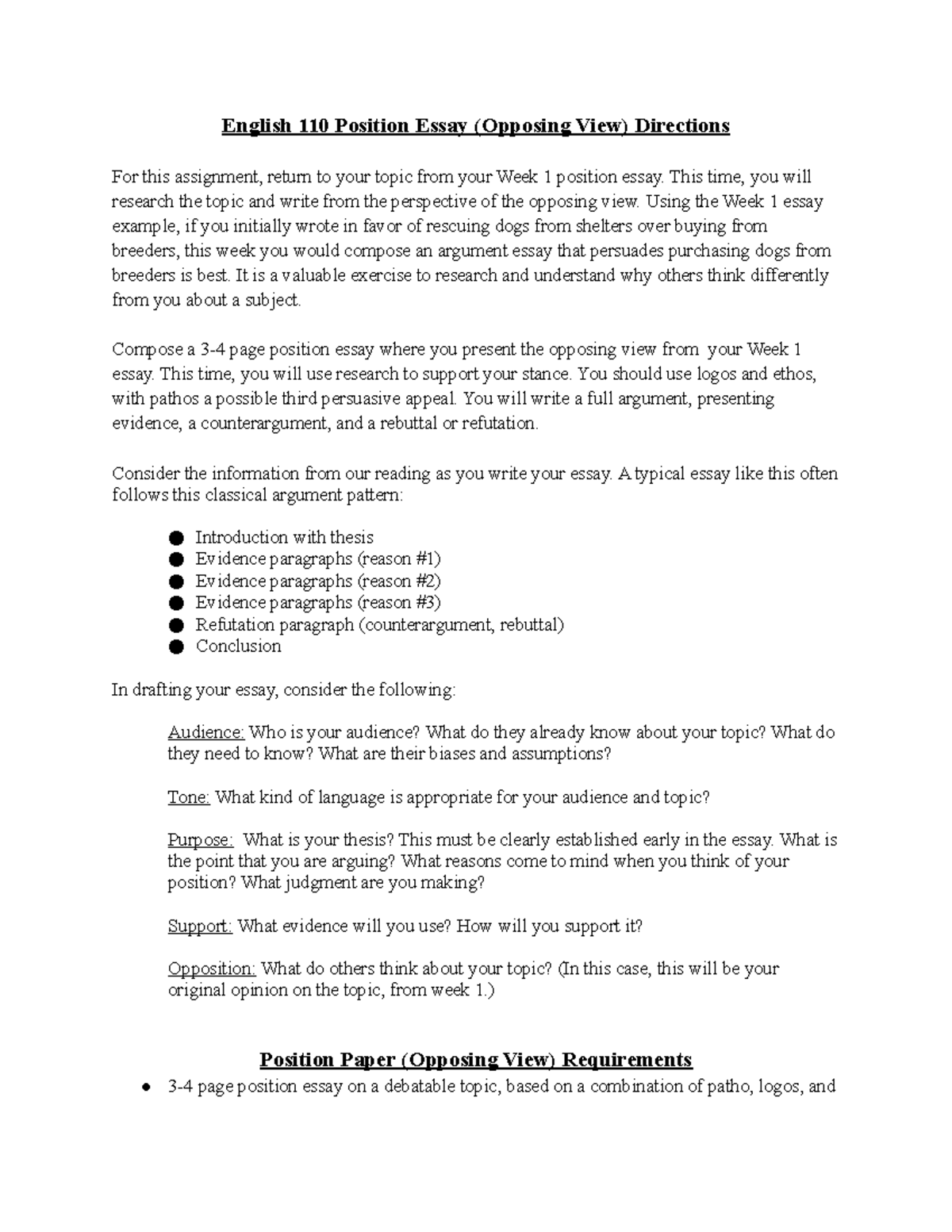 English 110 Position Essay (Opposing View) Directions and Rubric ...