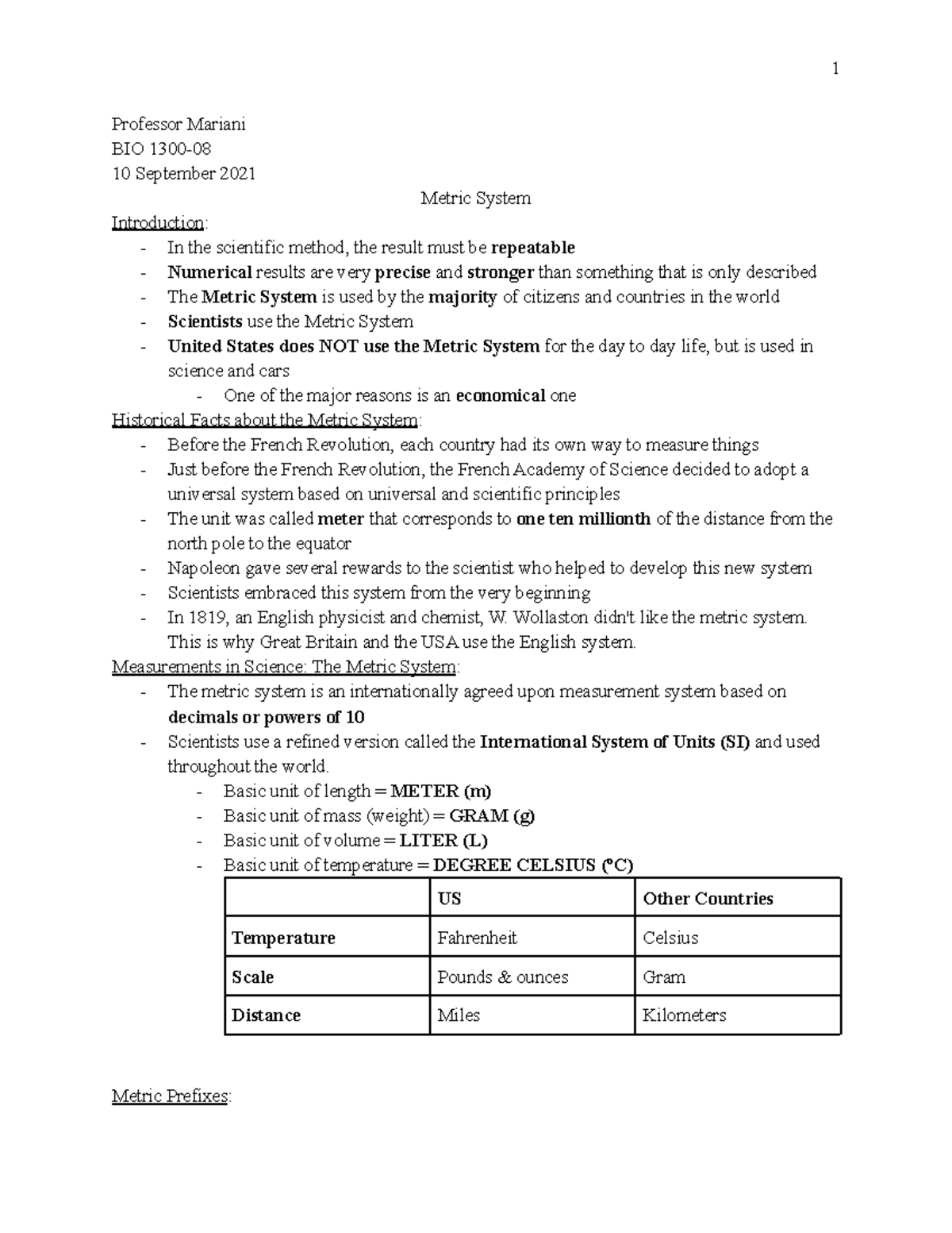 BIO 1300-08 (1A) Metric System - 1 Professor Mariani BIO 1300- 10 ...