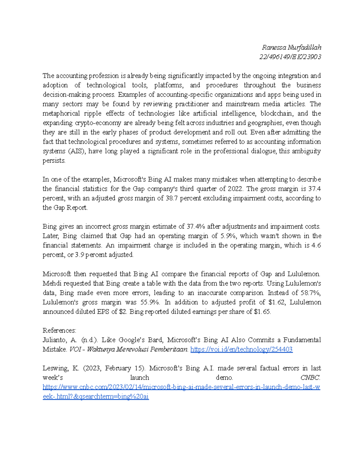 BING AI Assignment 1 - Lecture Notes - Ranessa Nurfadillah 22/496149/EK ...