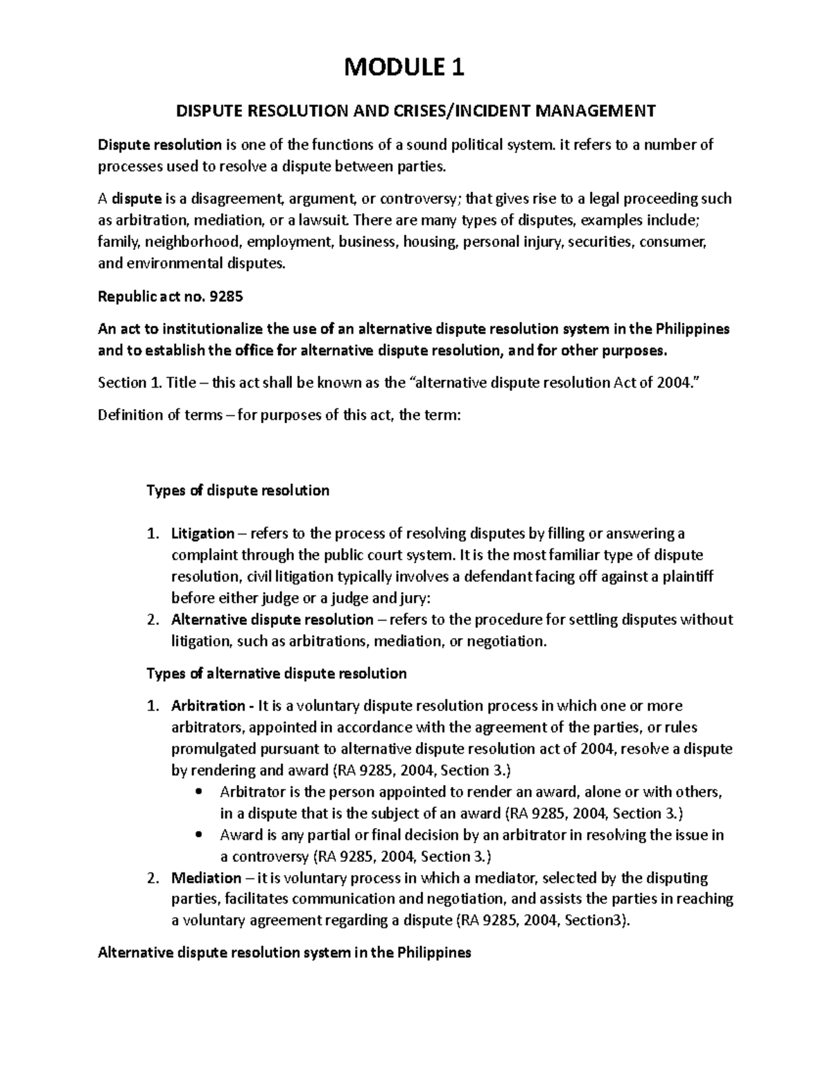 Topics 0 - Nothing - DISPUTE RESOLUTION AND CRISES/INCIDENT MANAGEMENT ...