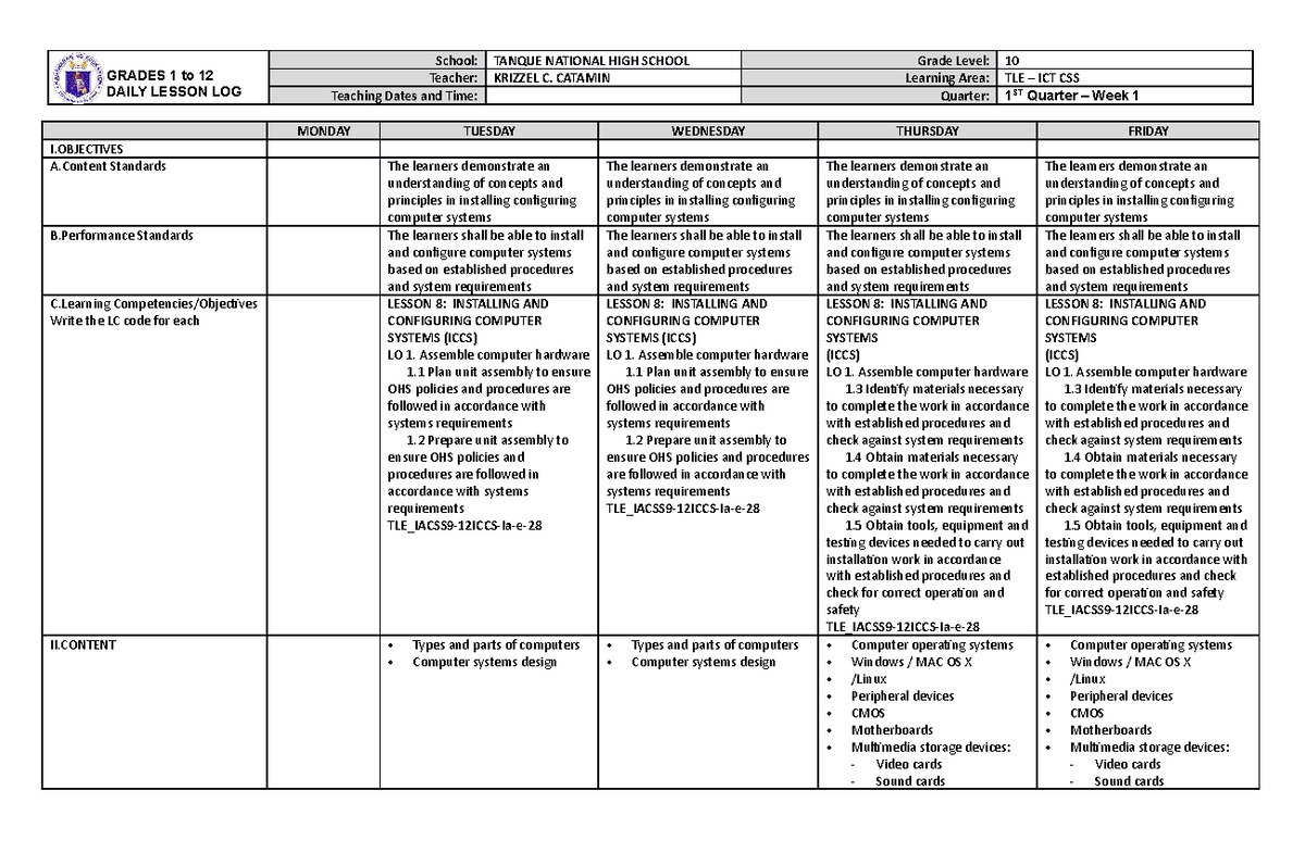 TLE ICT 10 - DLL Quarter 1 Week 1 - GRADES 1 to 12 DAILY LESSON LOG School: TANQUE NATIONAL HIGH ...