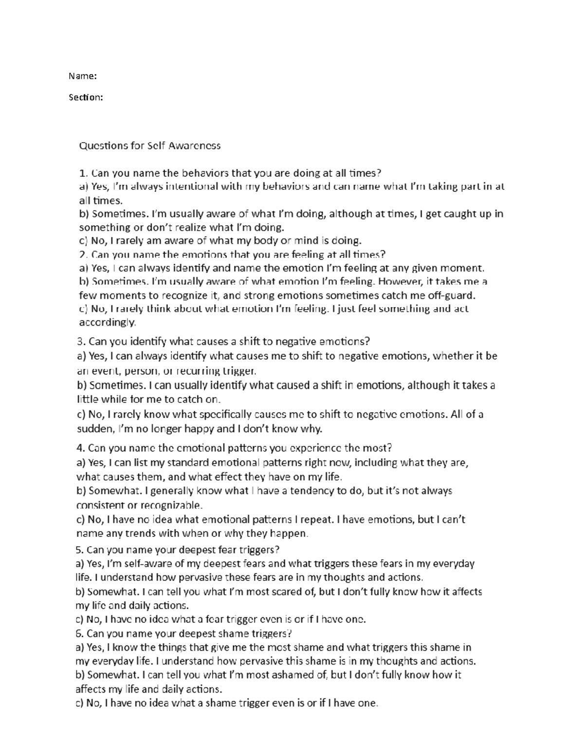 Self-awareness-UTS - Understanding the Self - Name: Section: - Studocu