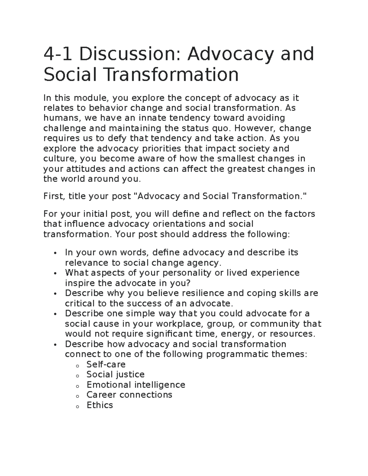 4-1 Advocacy AND Social Transformation - 4-1 Discussion: Advocacy and ...