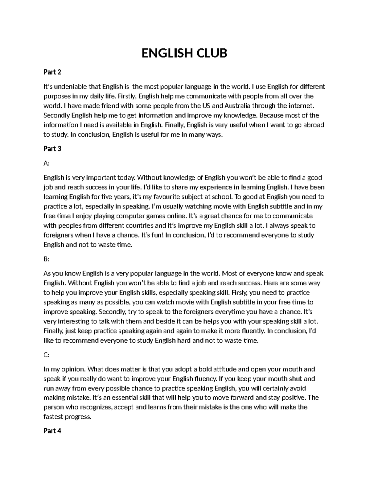 Aptis writing - aaa - ENGLISH CLUB Part 2 It’s undeniable that English ...