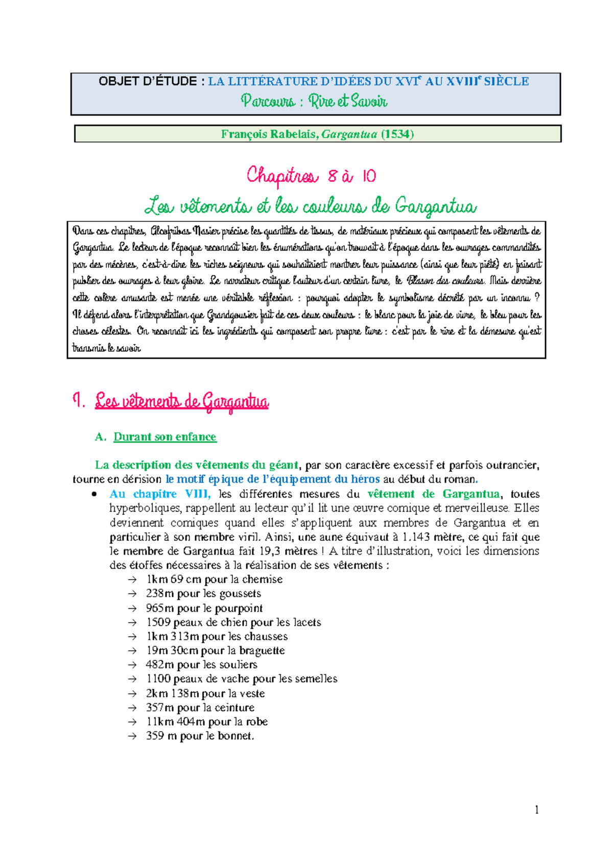 Cours 7 Chapitres 8 à 10 Les vêtements et les couleurs de Gargantua ...