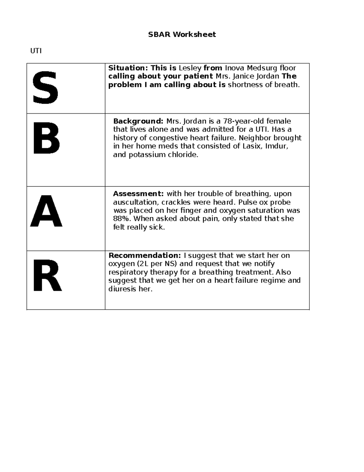 SBAR Worksheet 1:23 - SBAR Worksheet UTI S Situation: This is Lesley ...