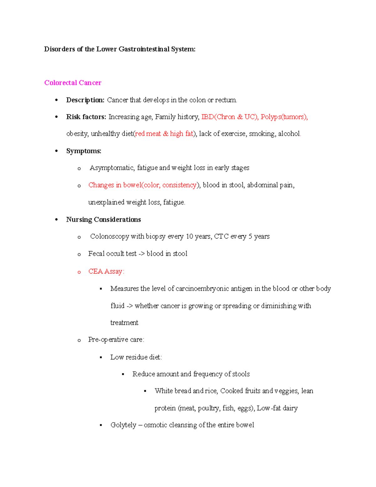 Lower Gastrointestinal System - Handout - Disorders of the Lower ...