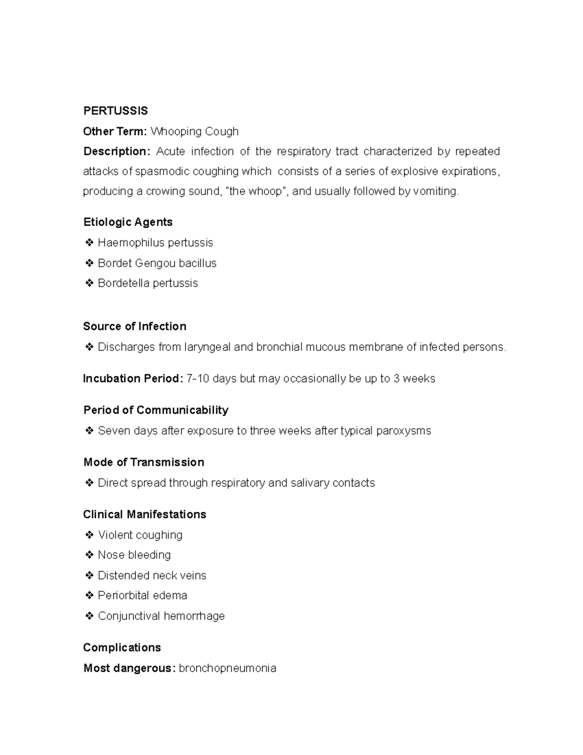 Pertussis - NOTES - PERTUSSIS Other Term: Whooping Cough Description ...