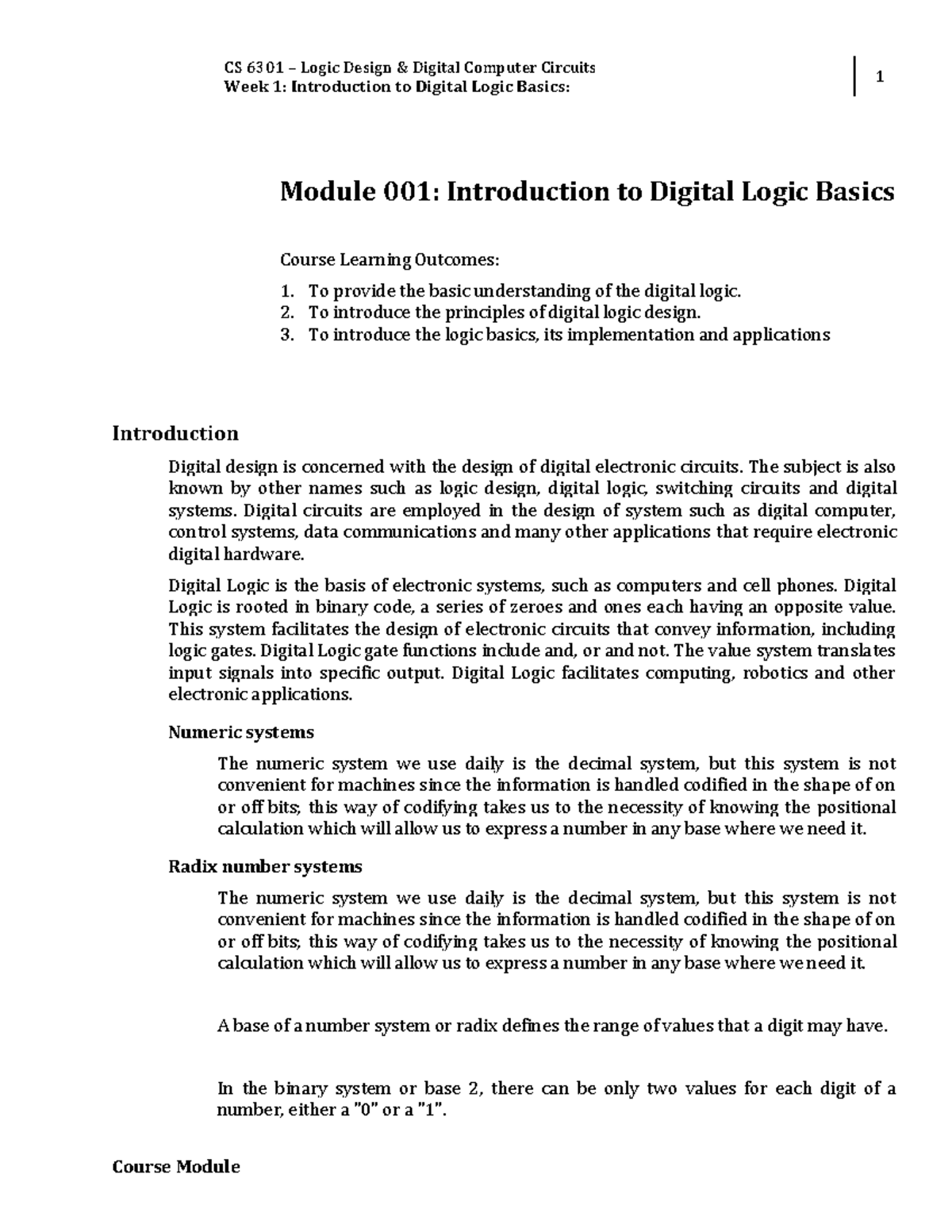 Week 1 - Logic design and digital computer circuits - CS 6301 – Logic Design & Digital Computer ...