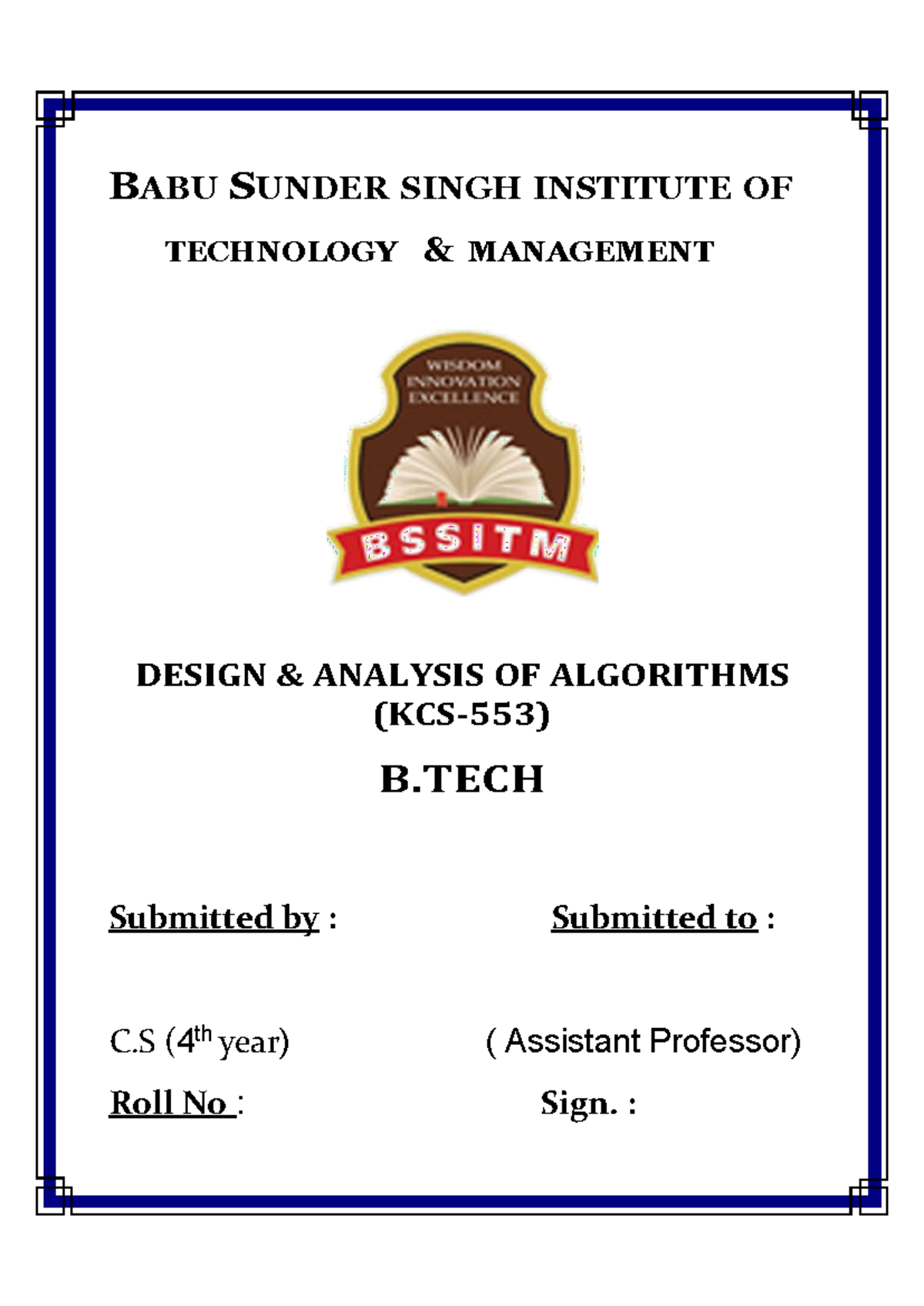 DAA - Btech cse 3rd year daa - BABU SUNDER SINGH INSTITUTE OF ...