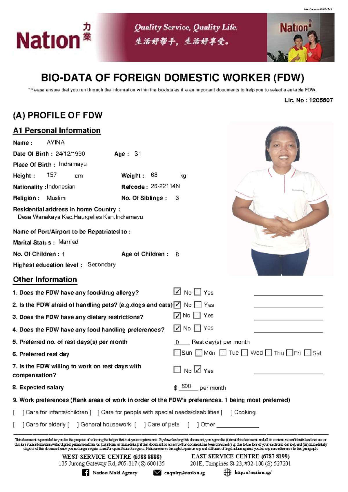 Bio Data (26-22114 N) - 2022 - Thu Fri BIO-DATA OF FOREIGN DOMESTIC ...