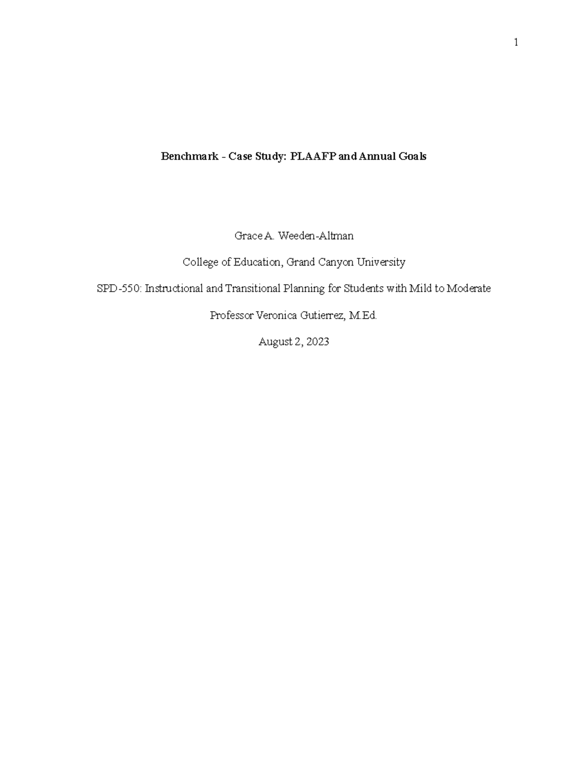 Plaafp - N/A - Benchmark - Case Study: PLAAFP and Annual Goals Grace A ...