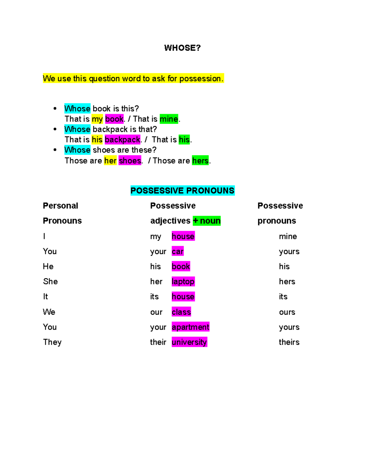 UNIT 8 - Ensayo - WHOSE? We use this question word to ask for ...