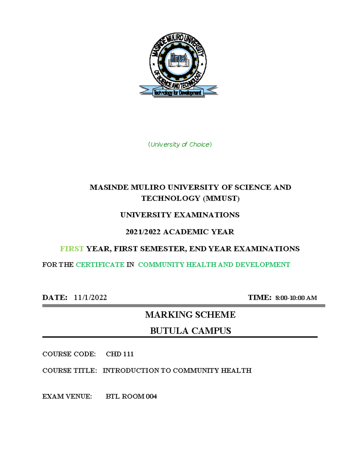 Copy of Marking Scheme CHD 111 Introduction to Community Health ...