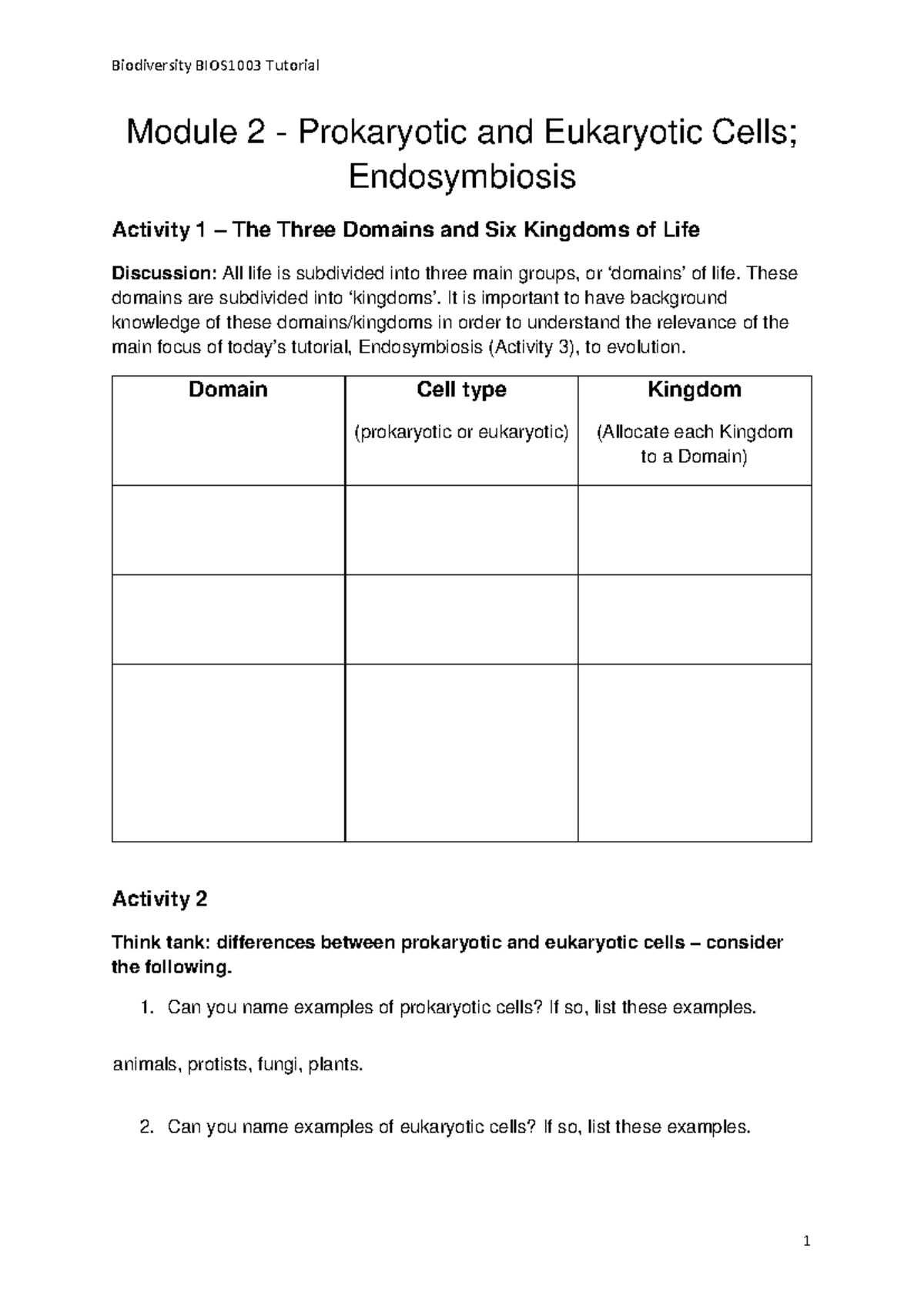 Module 2 Tutorial Prokaryotic and eukaryotic Cells; Endosymbiosis ...