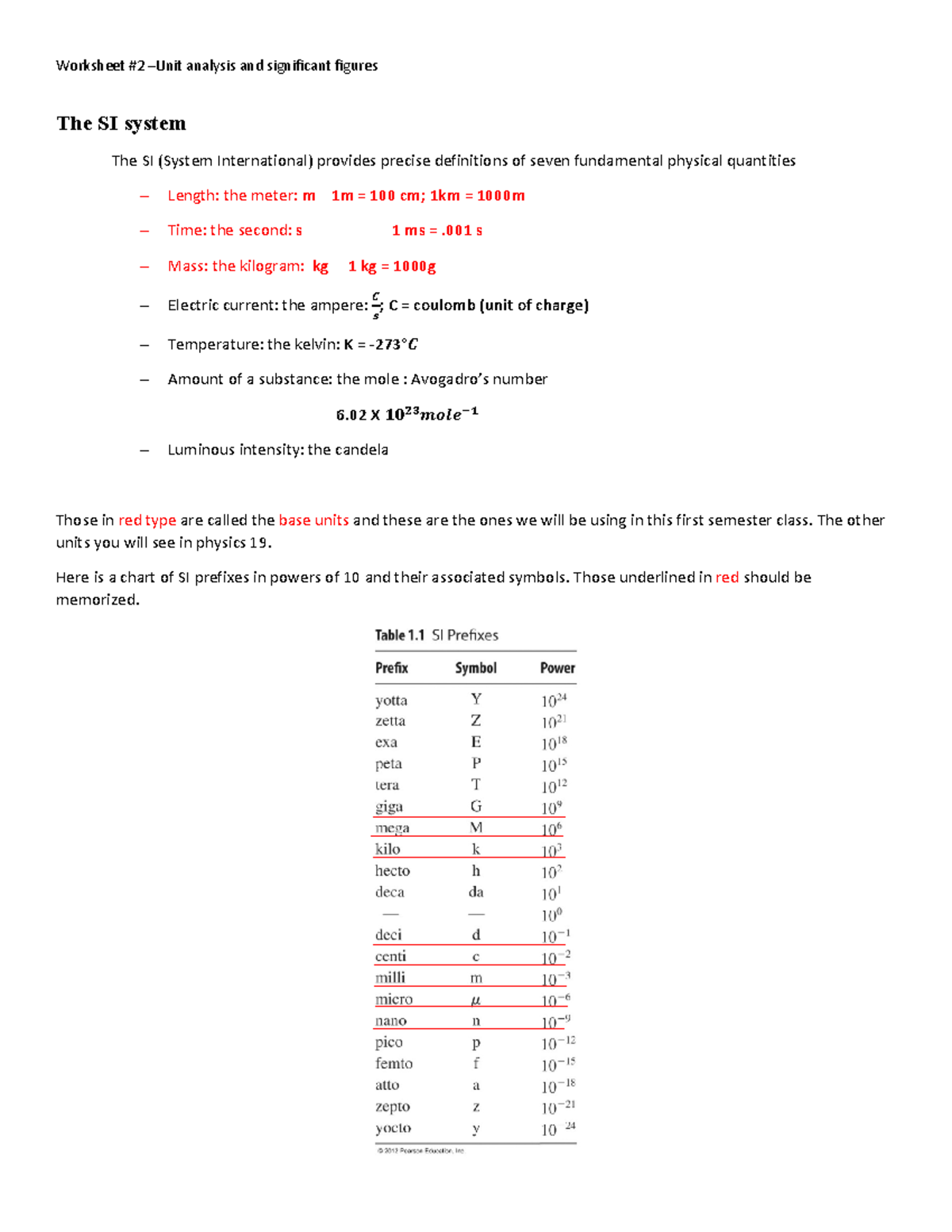 Worksheet #2- Unit analysis an signficant figures solns - The SI system ...
