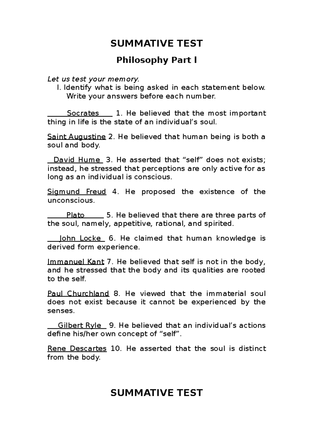 SOC SCI Chapter 1 Summative TEST - SUMMATIVE TEST Philosophy Part l Let ...