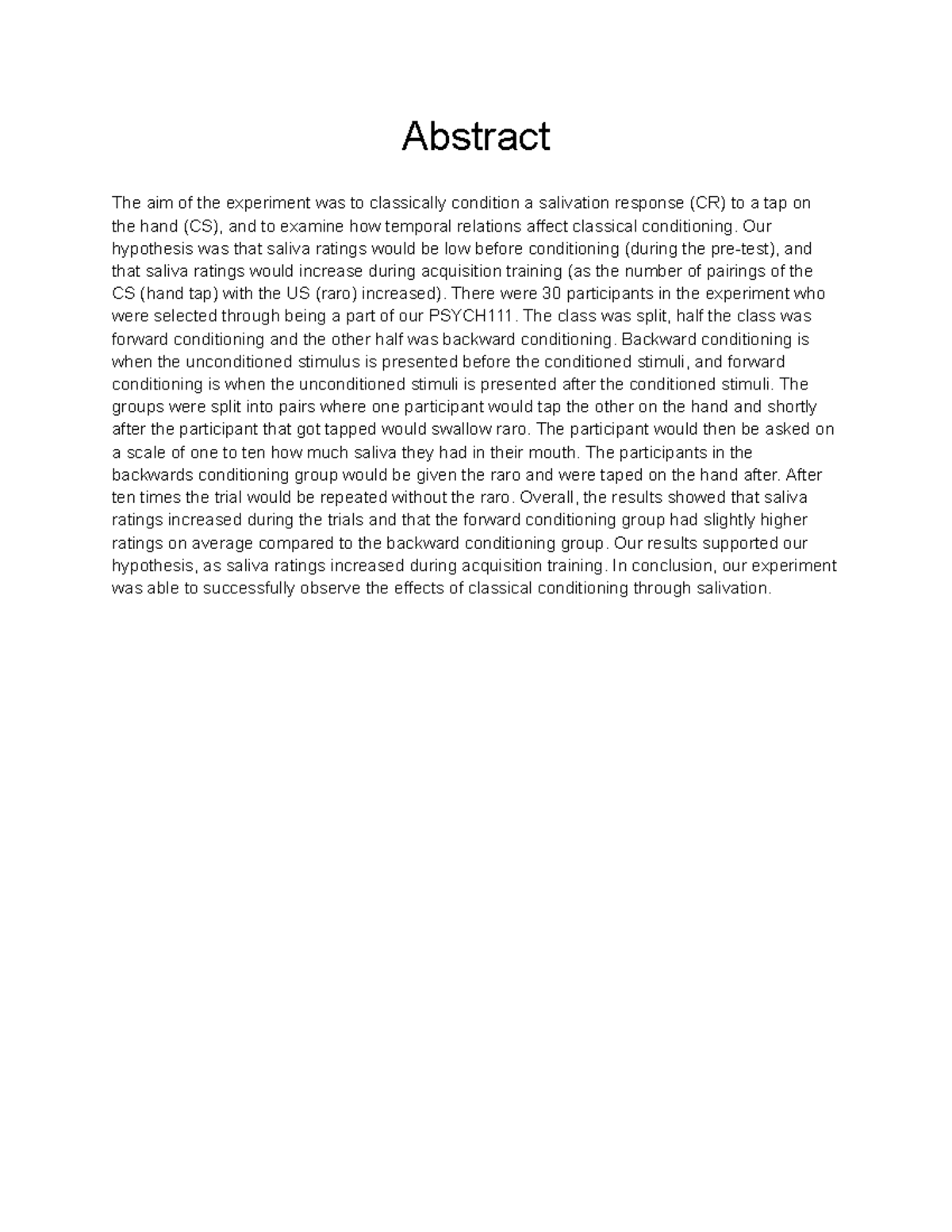 Abstract Classical Conditioning Psych 111 - Google Docs - Abstract The ...