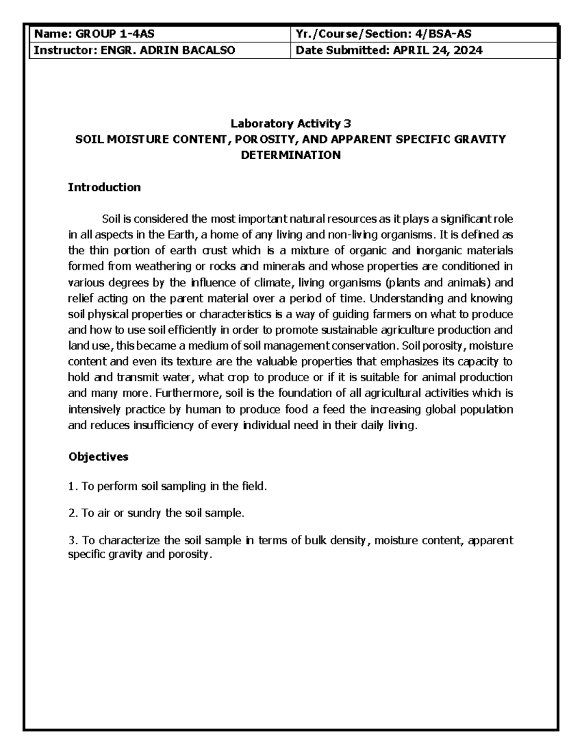 Group 1 laboratory soil AS - Laboratory Activity 3 SOIL MOISTURE ...