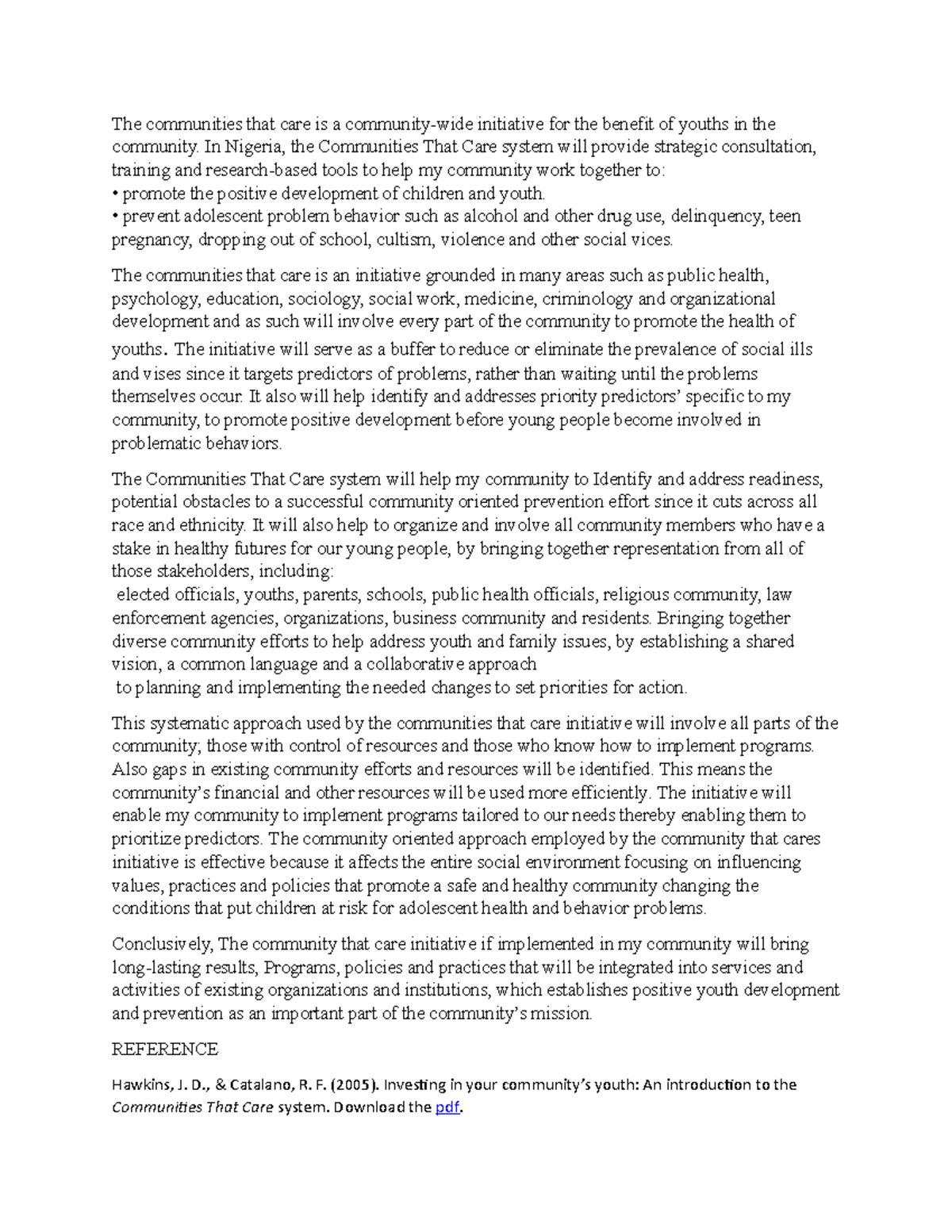 Community health unit one learning journal - The communities that care ...