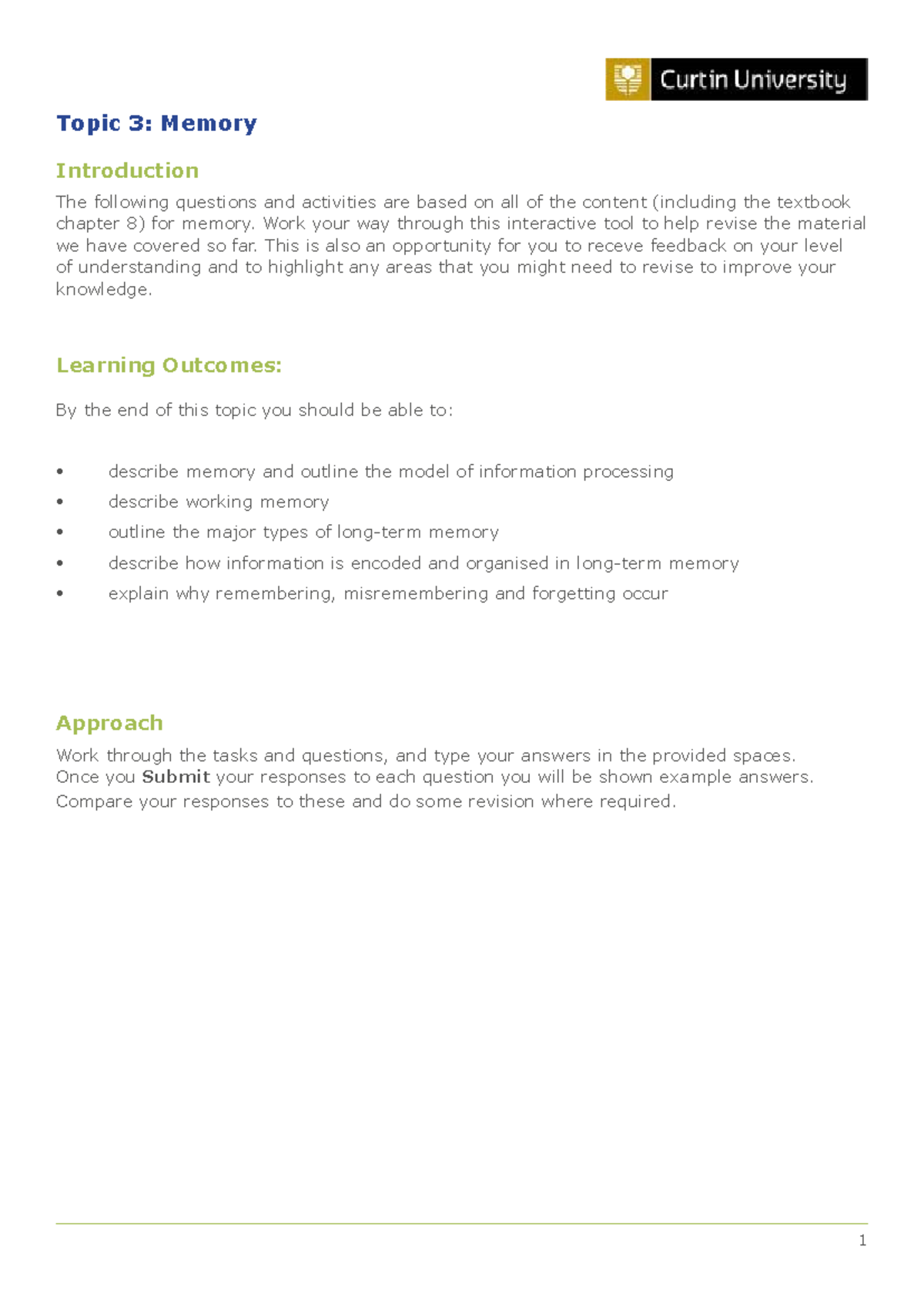 Week 5 Revision Worksheet psyc - Topic 3: Memory Introduction The following questions and ...