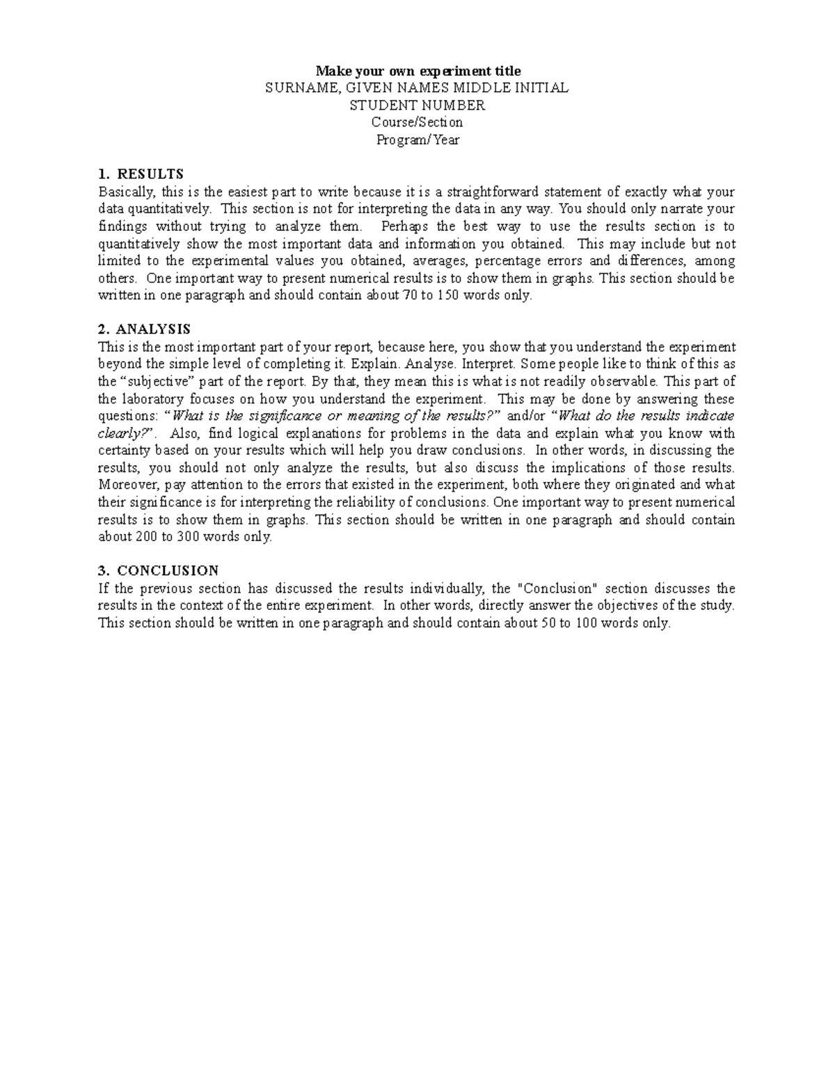 L Summary of Experiment Template Physics Summary - Make your own ...