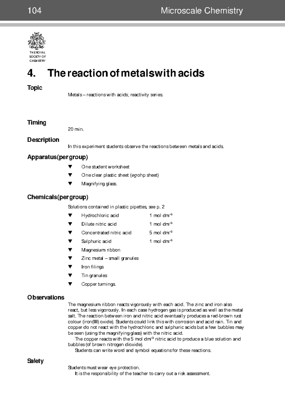 Microscale 4 metals with acids - THE ROYAL SOCIETY OF CHEMISTRY 104 ...