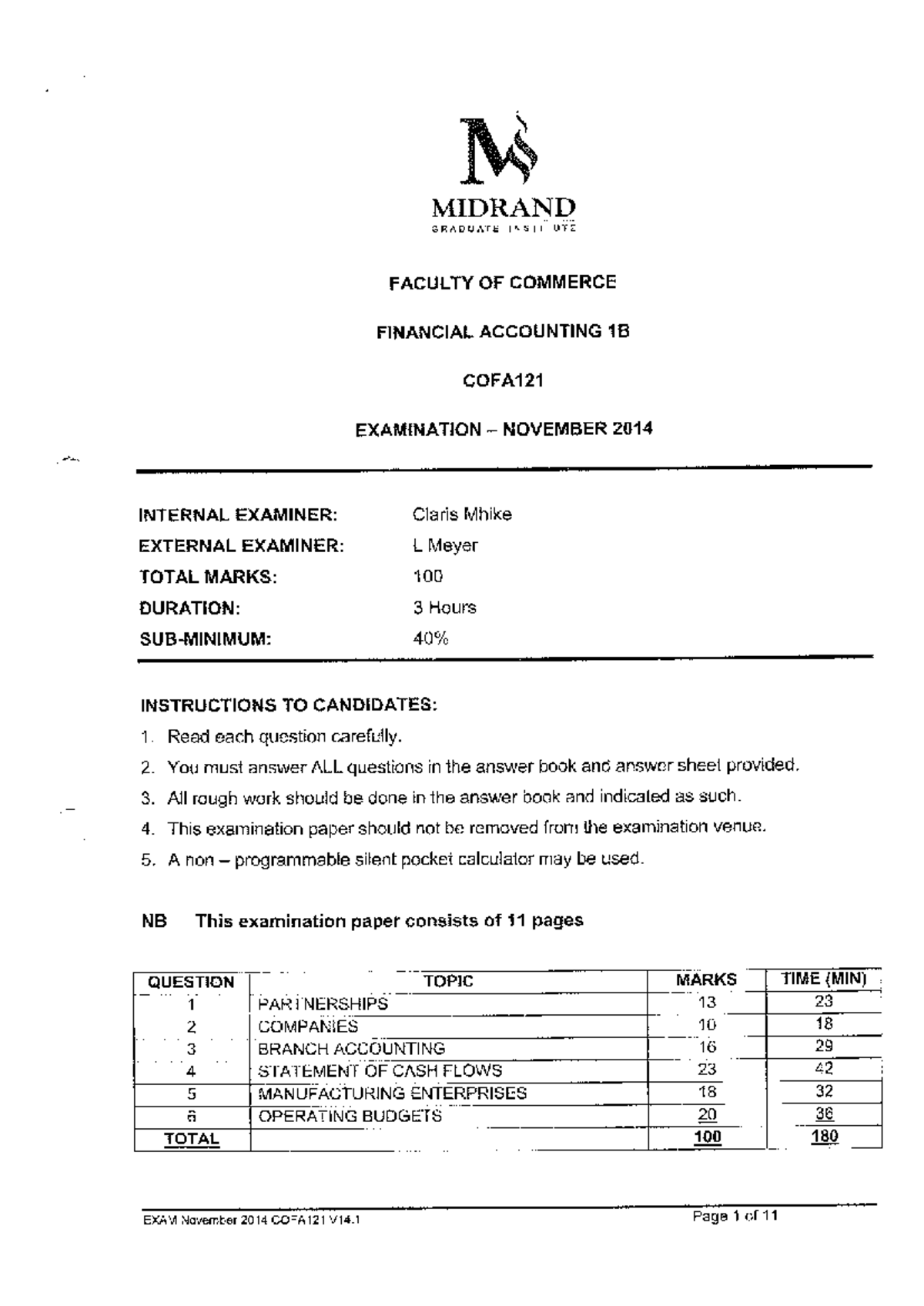 COFA121 2014 Semester 2 Exam - M MIDRAND GRADUATE INSTITUTE FACULTY OF ...