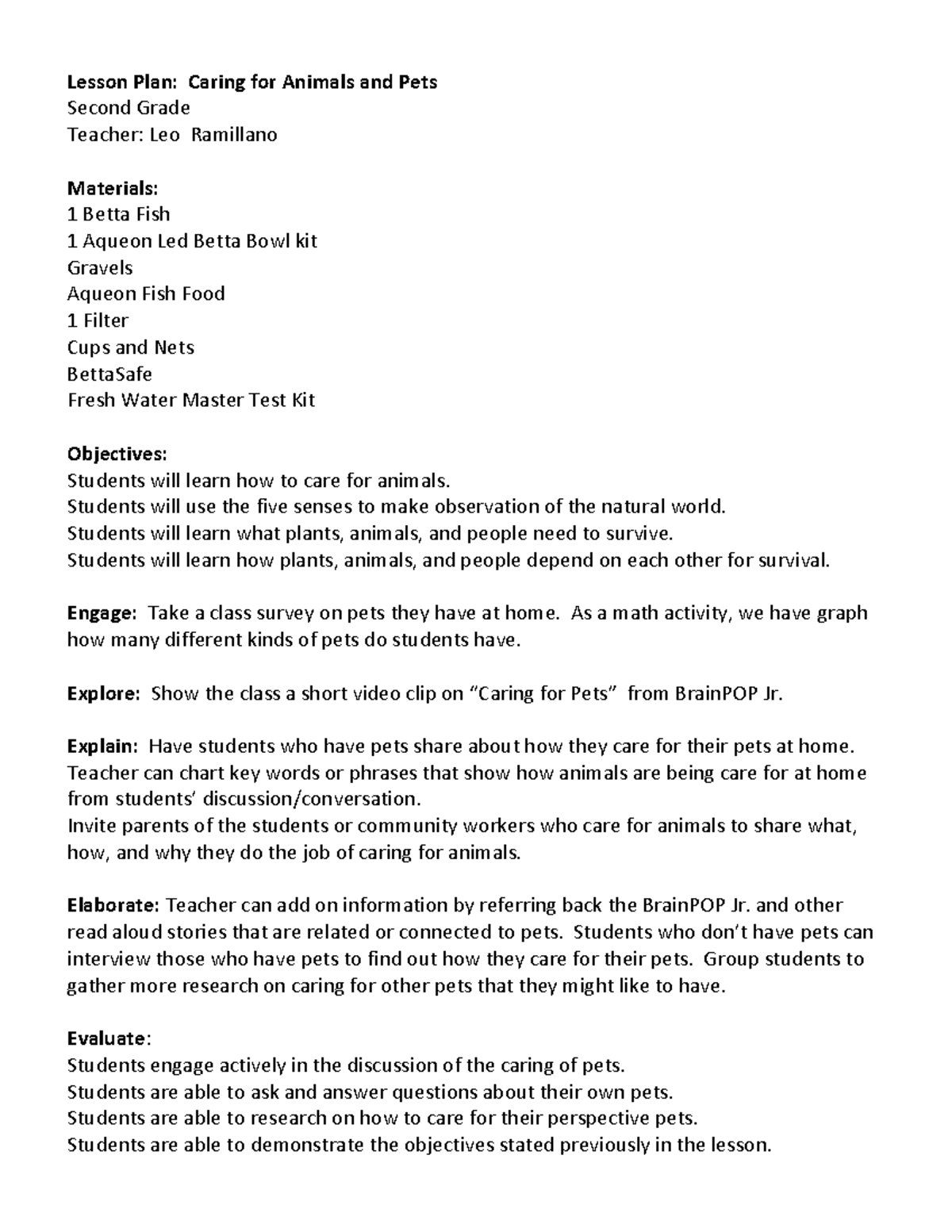 Caring for Animals 2nd Aquarium - Lesson Plan: Caring for Animals and ...