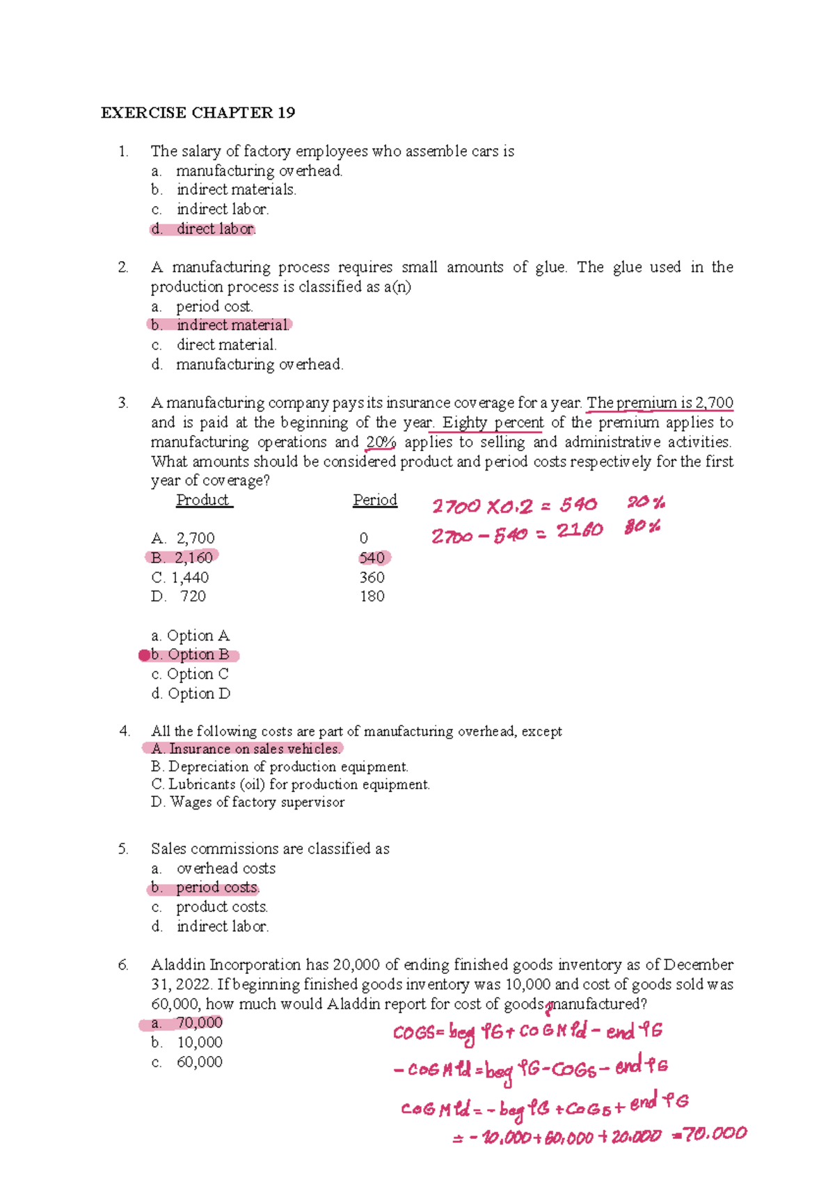 Ex Chapter 19 - Ch19 - EXERCISE CHAPTER 19 1. The salary of factory ...
