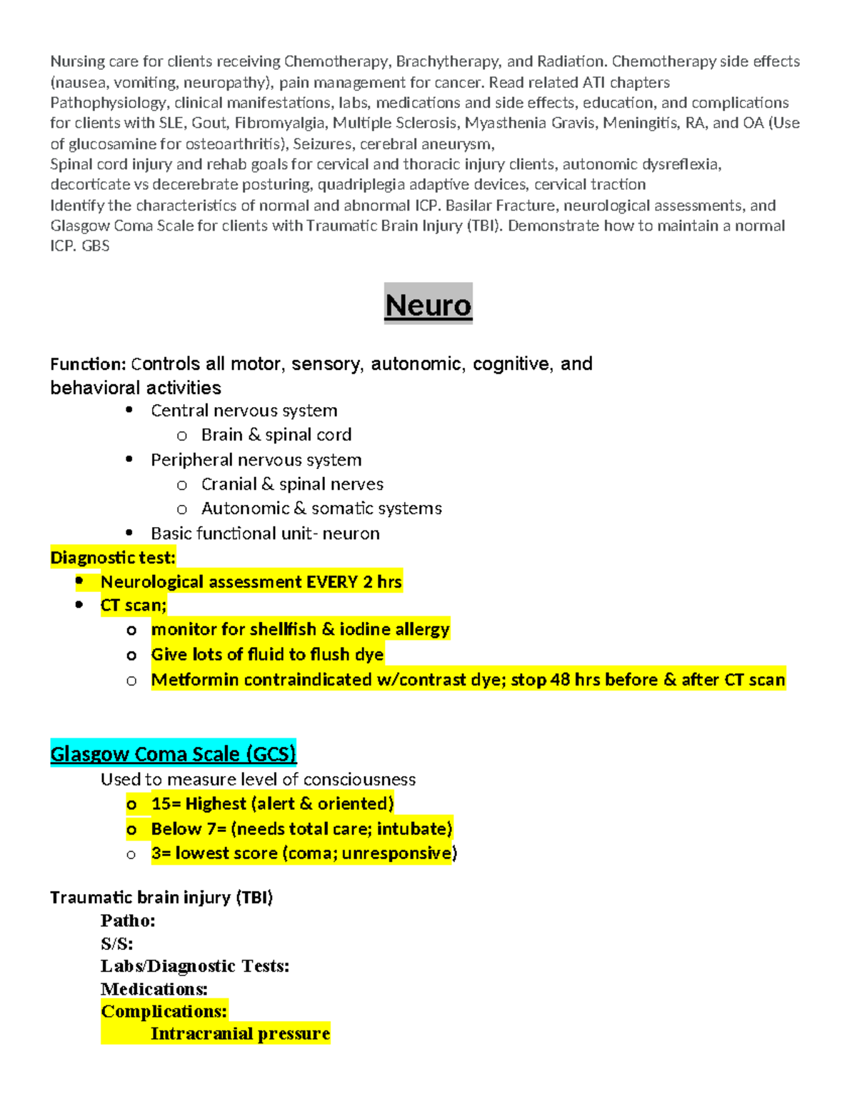 Neuro-Study Guide (1) - neuro - Nursing care for clients receiving ...