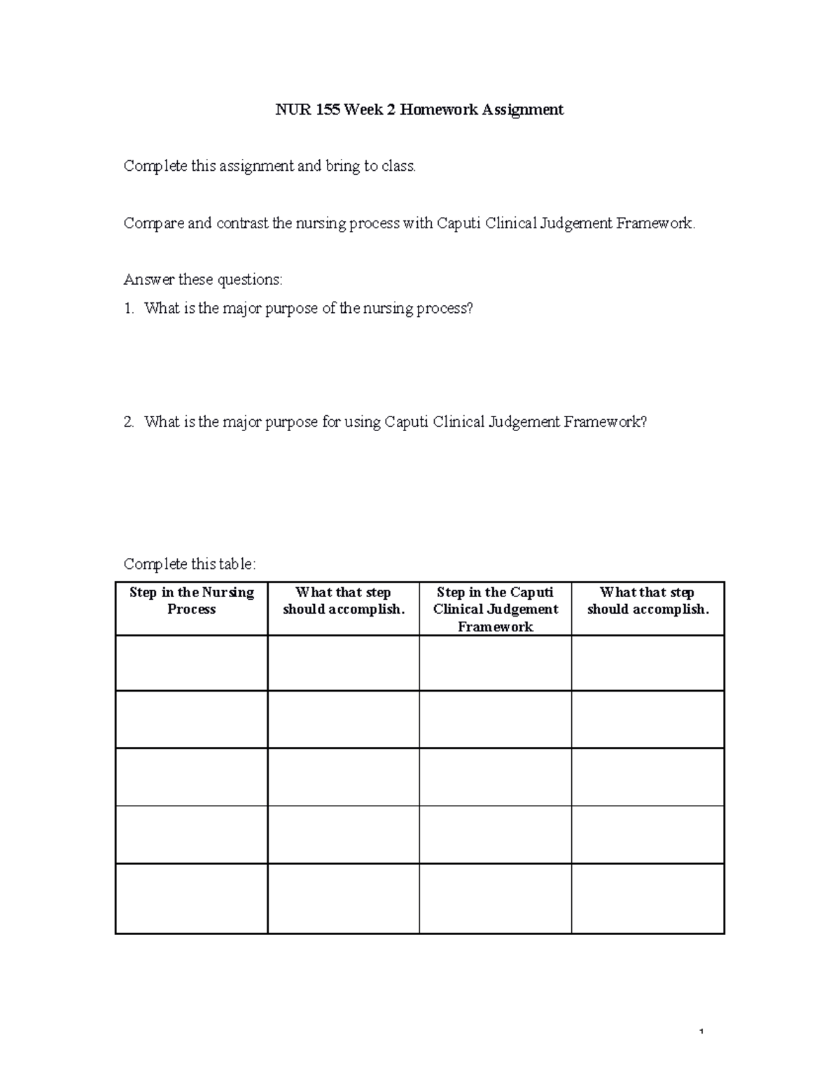 NUR 155 Week 2-Pre-Class Assignment-student - NUR 155 Week 2 Homework Assignment Complete this ...