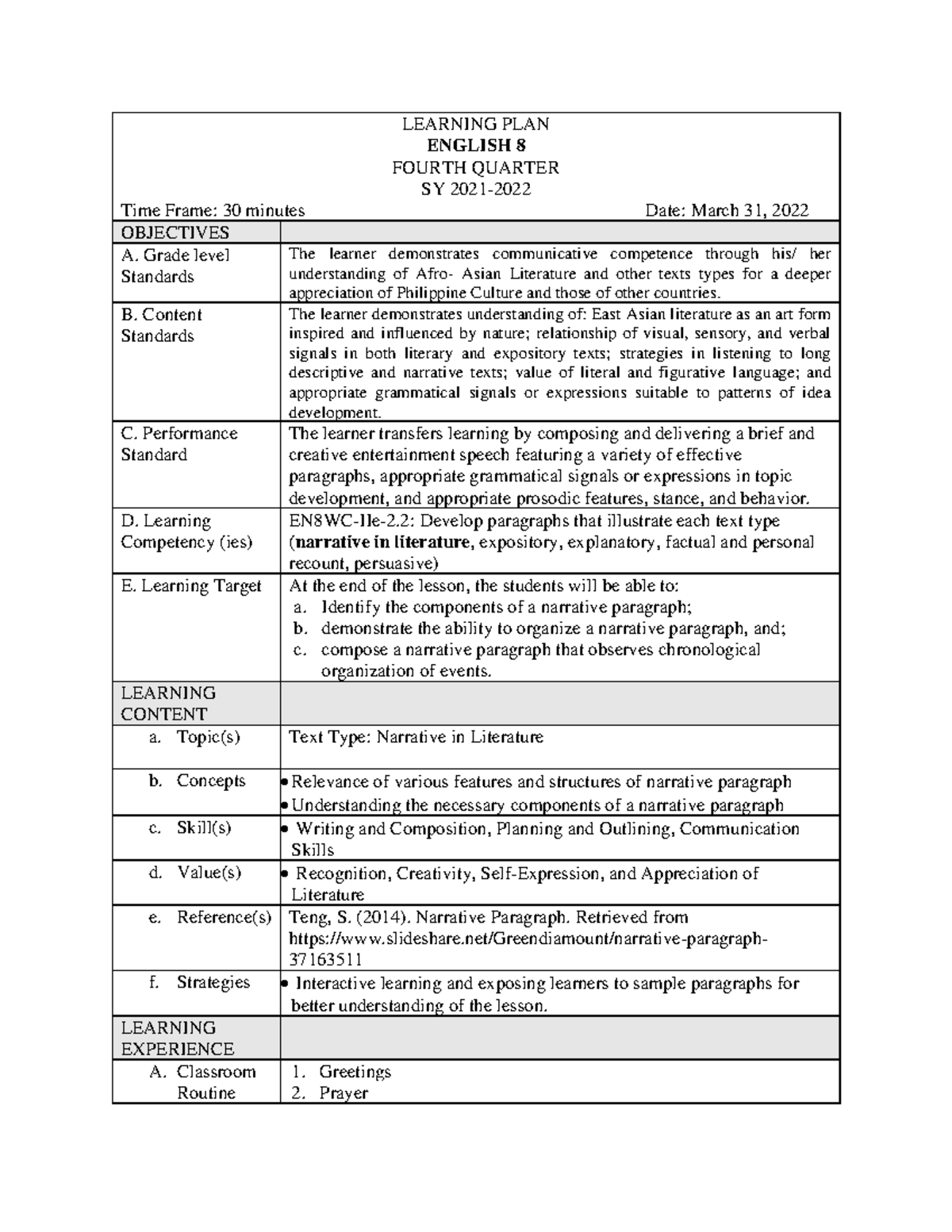 learning plan for grade 8 - internship - LEARNING PLAN ENGLISH 8 FOURTH ...