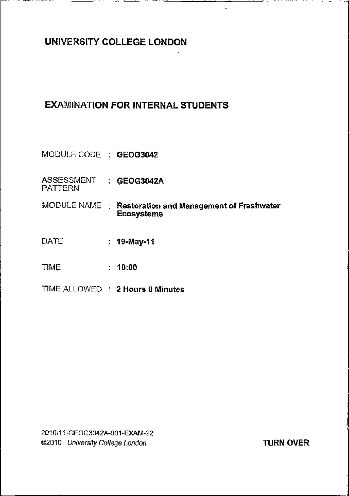 Exam May 2011, questions - UNIVERSITY COLLEGE LONDON EXAMINATION FOR INTERNAL STUDENTS MODULE ...