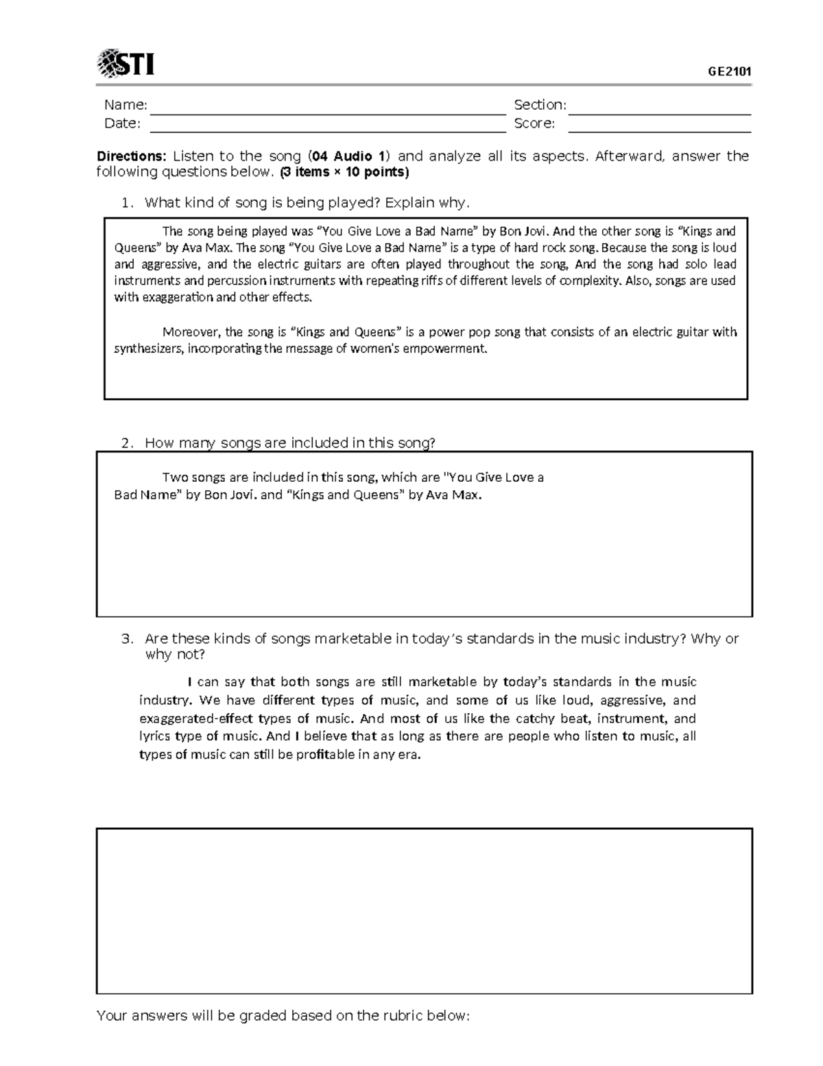 04 Worksheet 1 (PPC Midterm) - GE Name: Section: Date: Score: Directions: Listen to the song ...