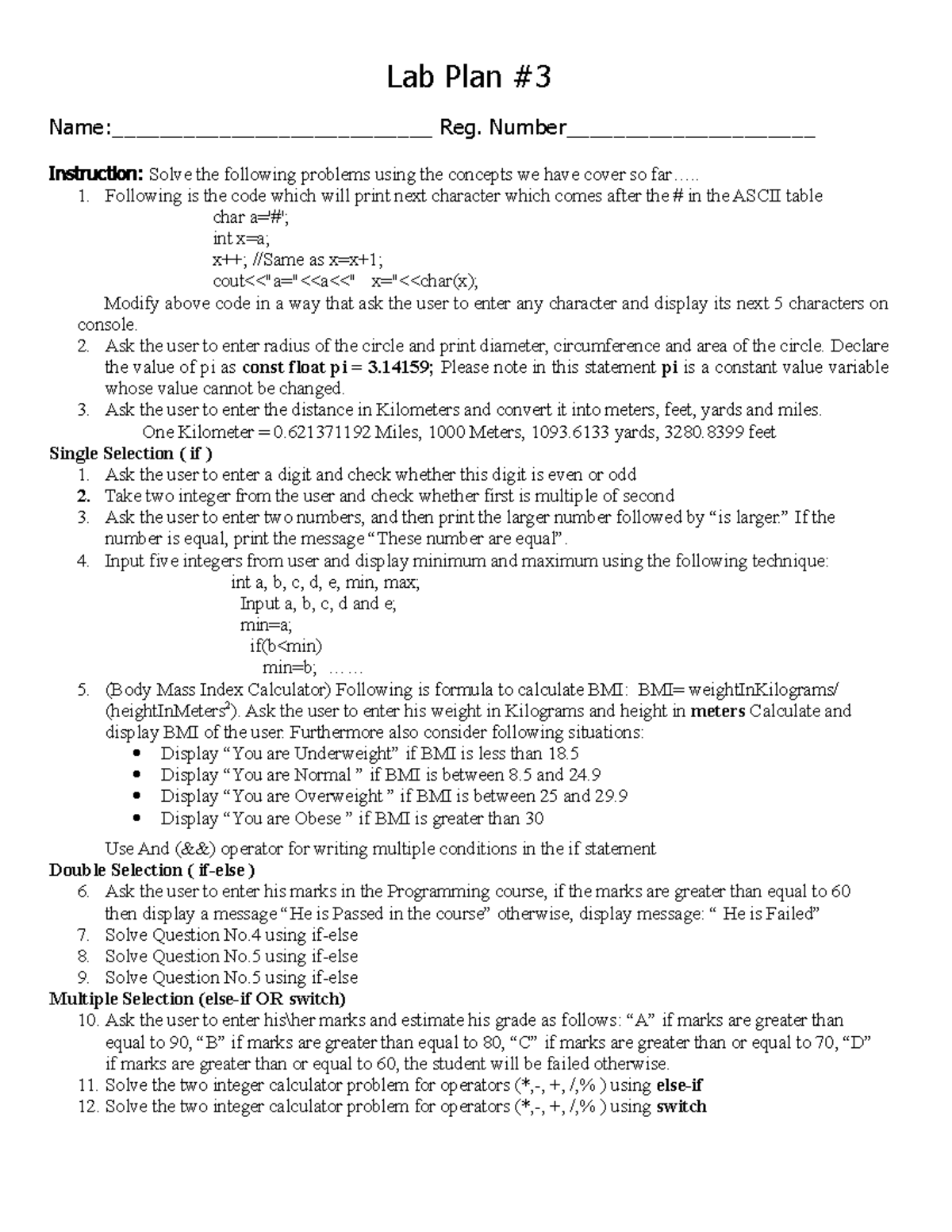 Lab Plan3 - Lab plans c++ - Lab Plan #3 Name ...