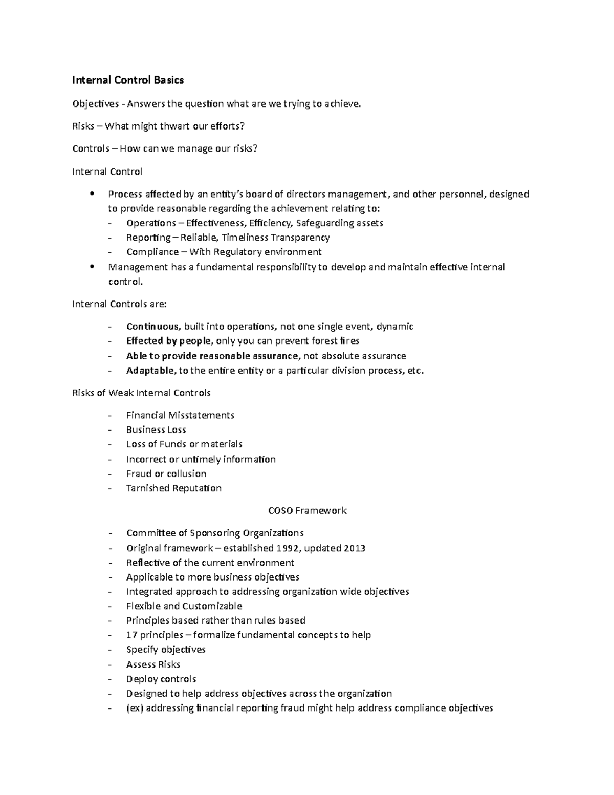 Accist september 5 notes - Internal Control Basics Objectives - Answers ...