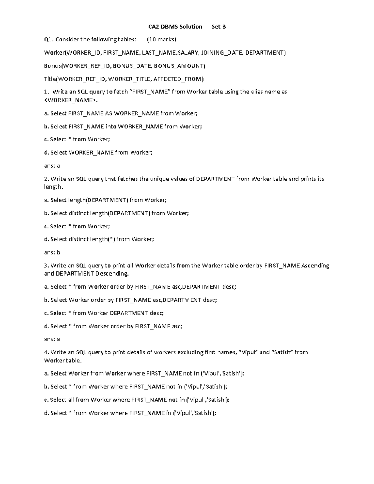 Dbms Ca2 Solution Dbms Ca Ca2 Dbms Solution Set B Q1 Consider The Following Tables 10
