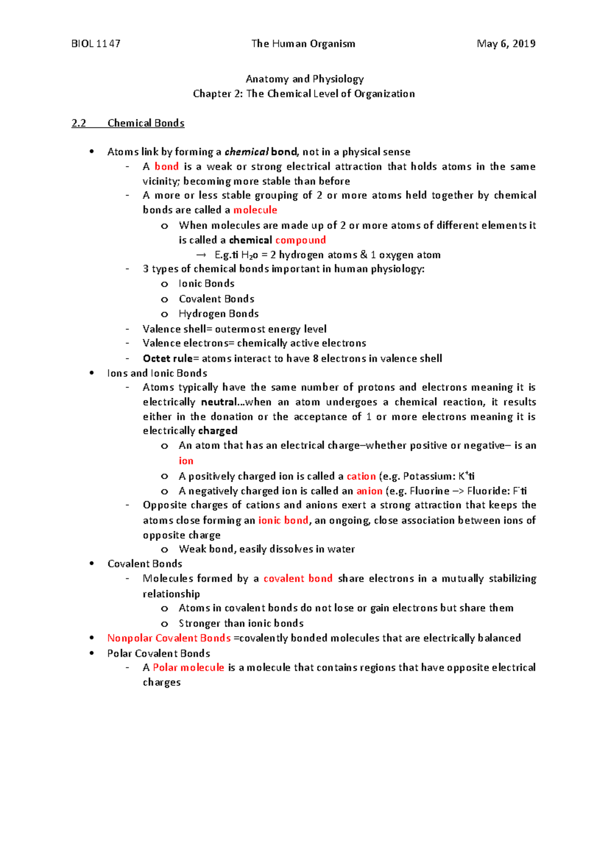 Chapter 2 - Anatomy and Physiology Chapter 2: The Chemical Level of ...