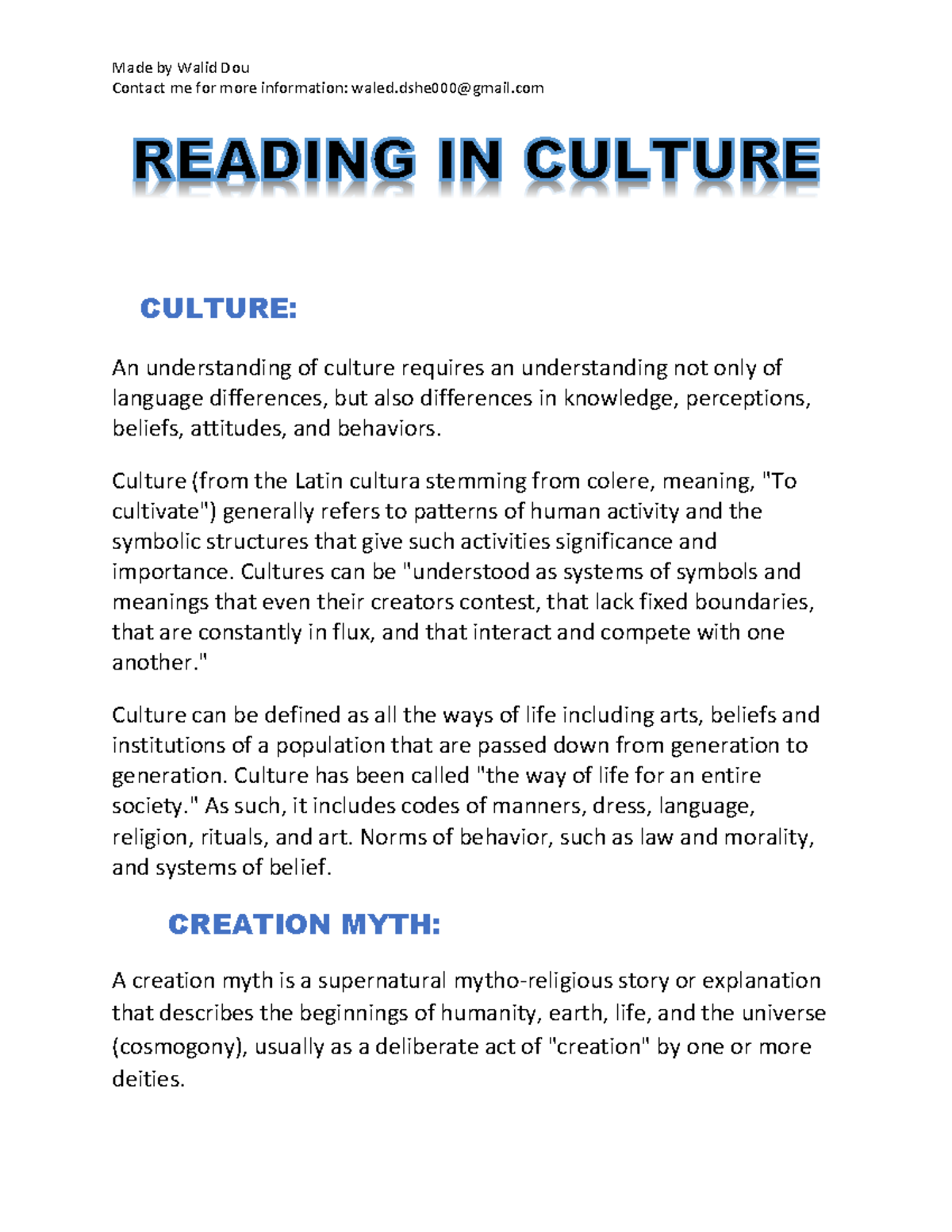 Reading in culture for G3 & G4 by Walid Dou - Contact me for more ...
