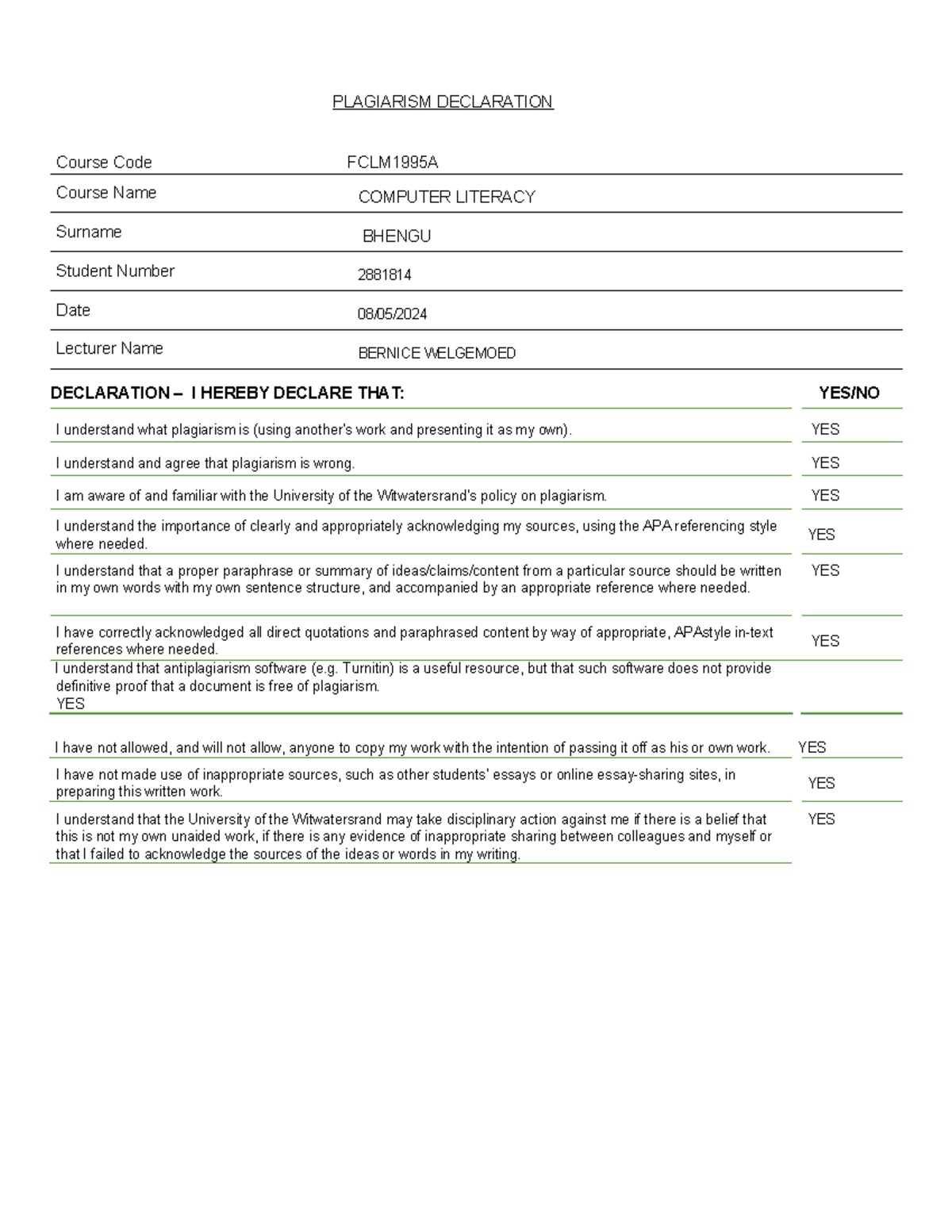 Plagiarism+Declaration+Form+ - PLAGIARISM DECLARATION Course Code ...