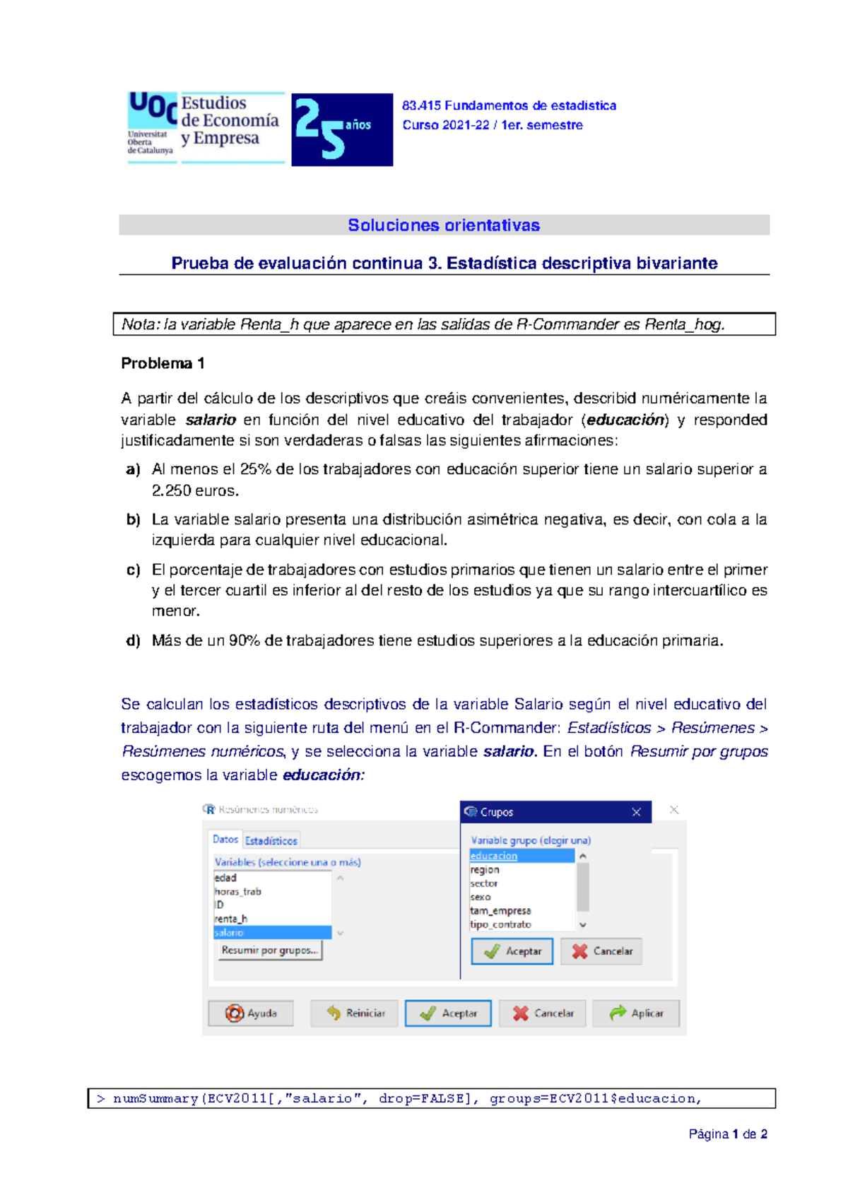 Solucion PEC 3 Fundamentos de estadistica 2021 - Fundamentos de ...