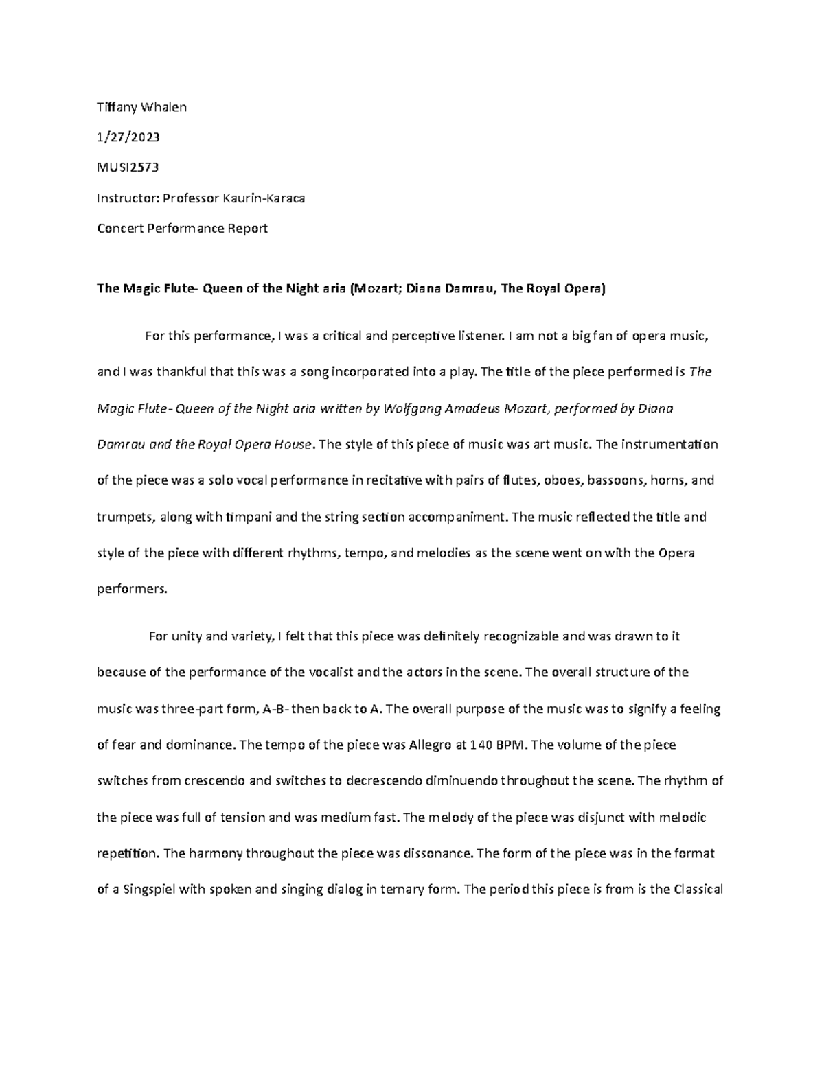 Intro to Music- Concert Report - Tiffany Whalen 1/27/ MUSI Instructor ...