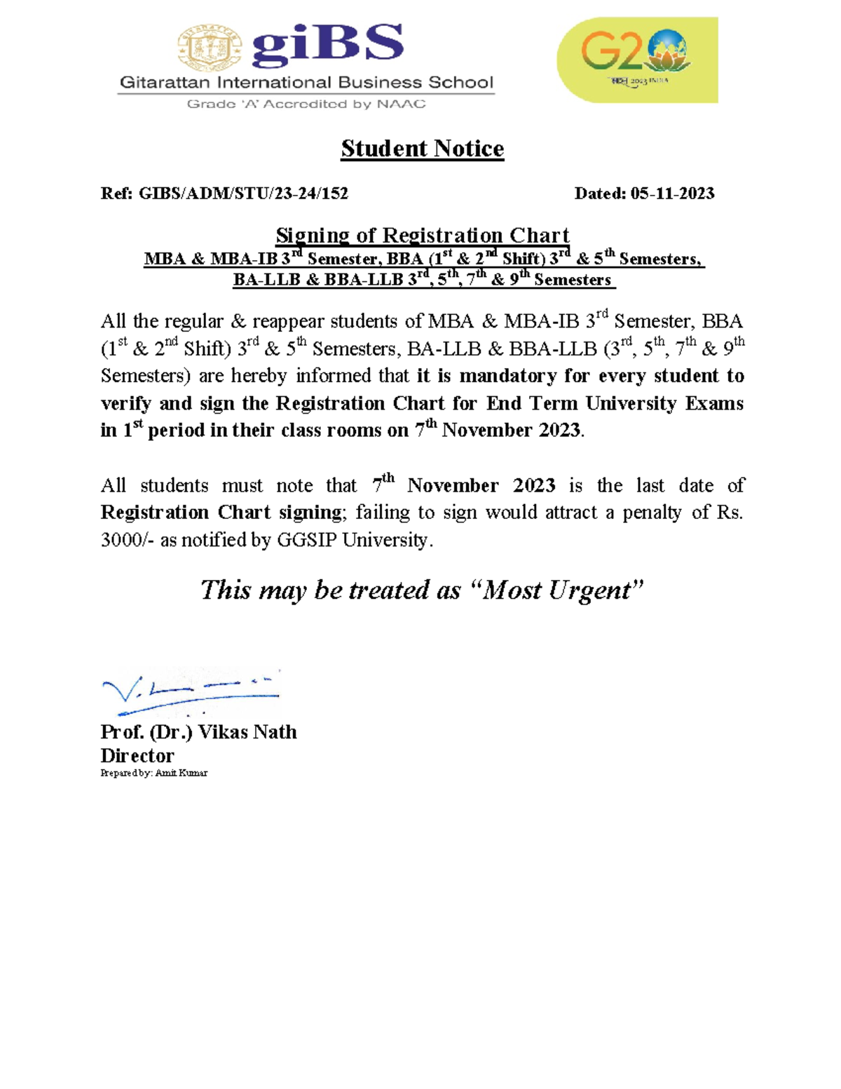1055723 - notes - Student Notice Ref: GIBS/ADM/STU/23-24/152 Dated: 05 ...