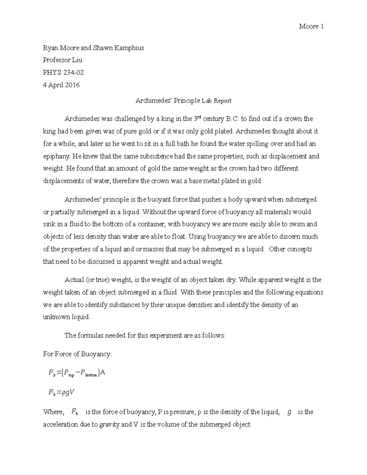 PHYS 234 Lab Report 8 Archimedes' Princible - Ryan Moore and Shawn ...