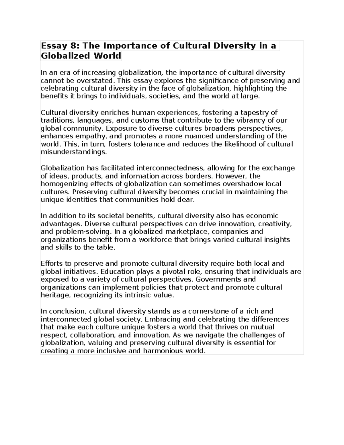 Essay 8 - cenfhj - Essay 8: The Importance of Cultural Diversity in a ...