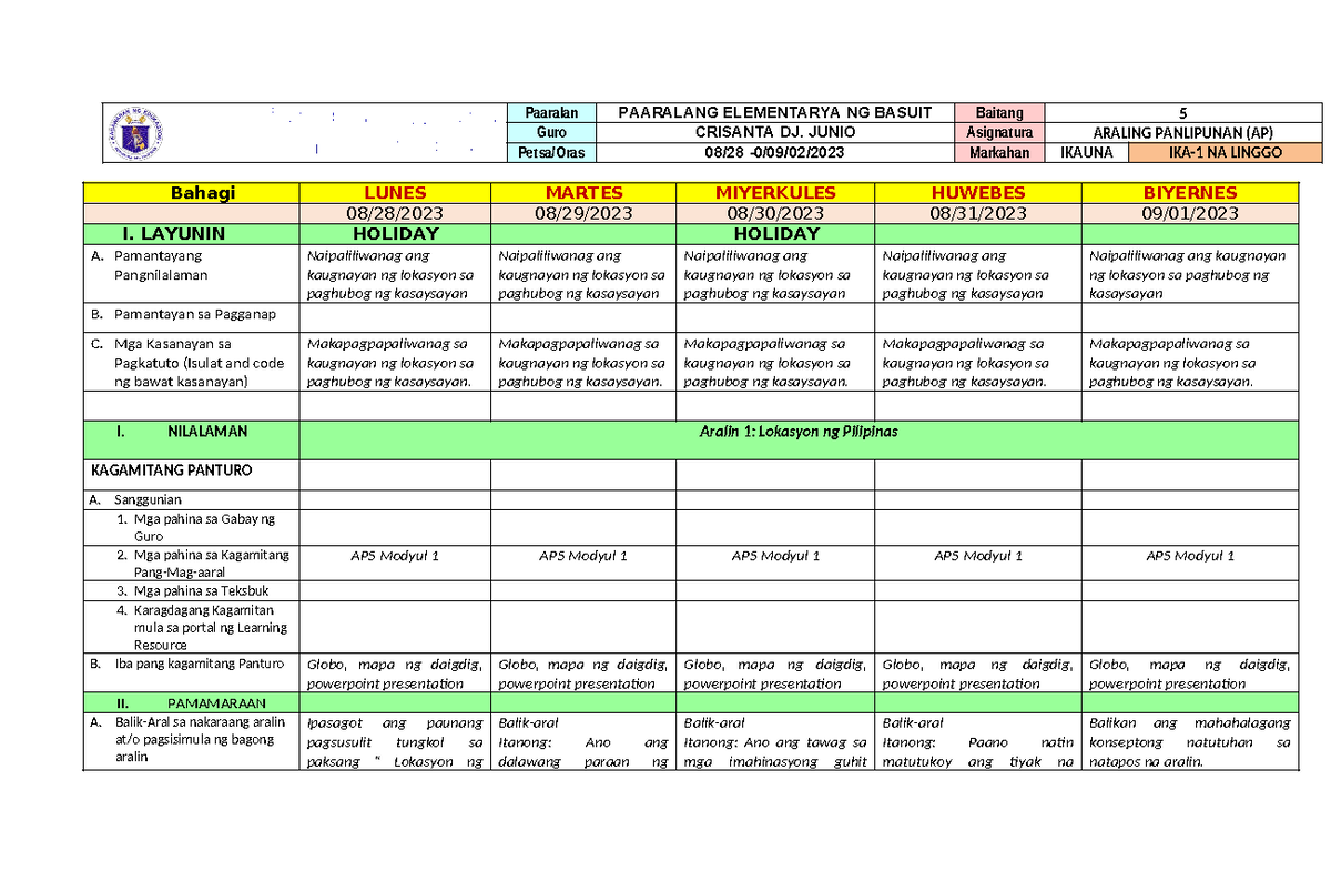 DLL AP5-Q1 W1 - SAMPLE DLL USED IN THE ELEMENTARY SCHOOL - Paaralan ...